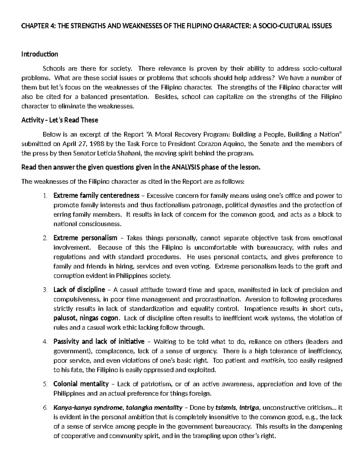 CHAPTER 4: STRENGTHS & WEAKNESSES OF FILIPINO CHARACTER ANALYSIS - Studocu