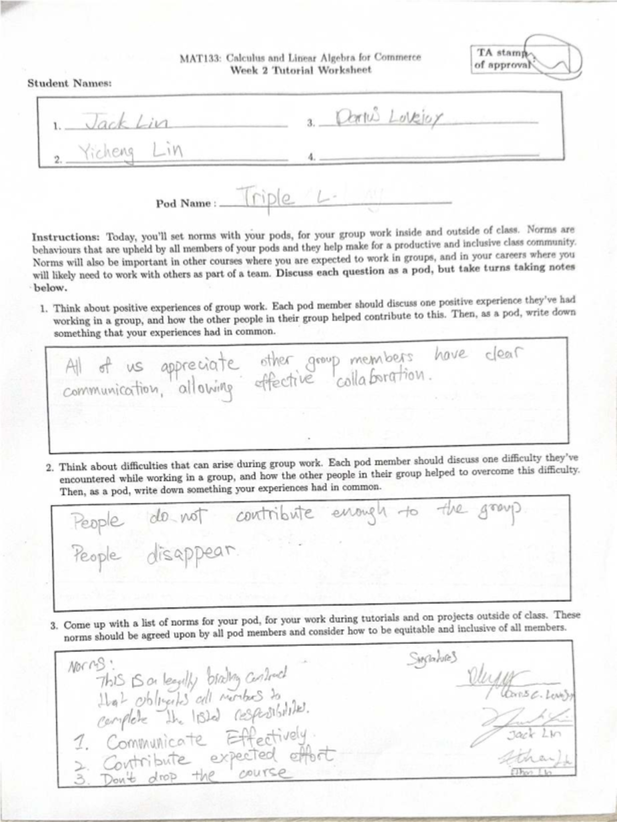MAT133: Week 2 Tutorial Worksheet on Group Work Norms - Studocu