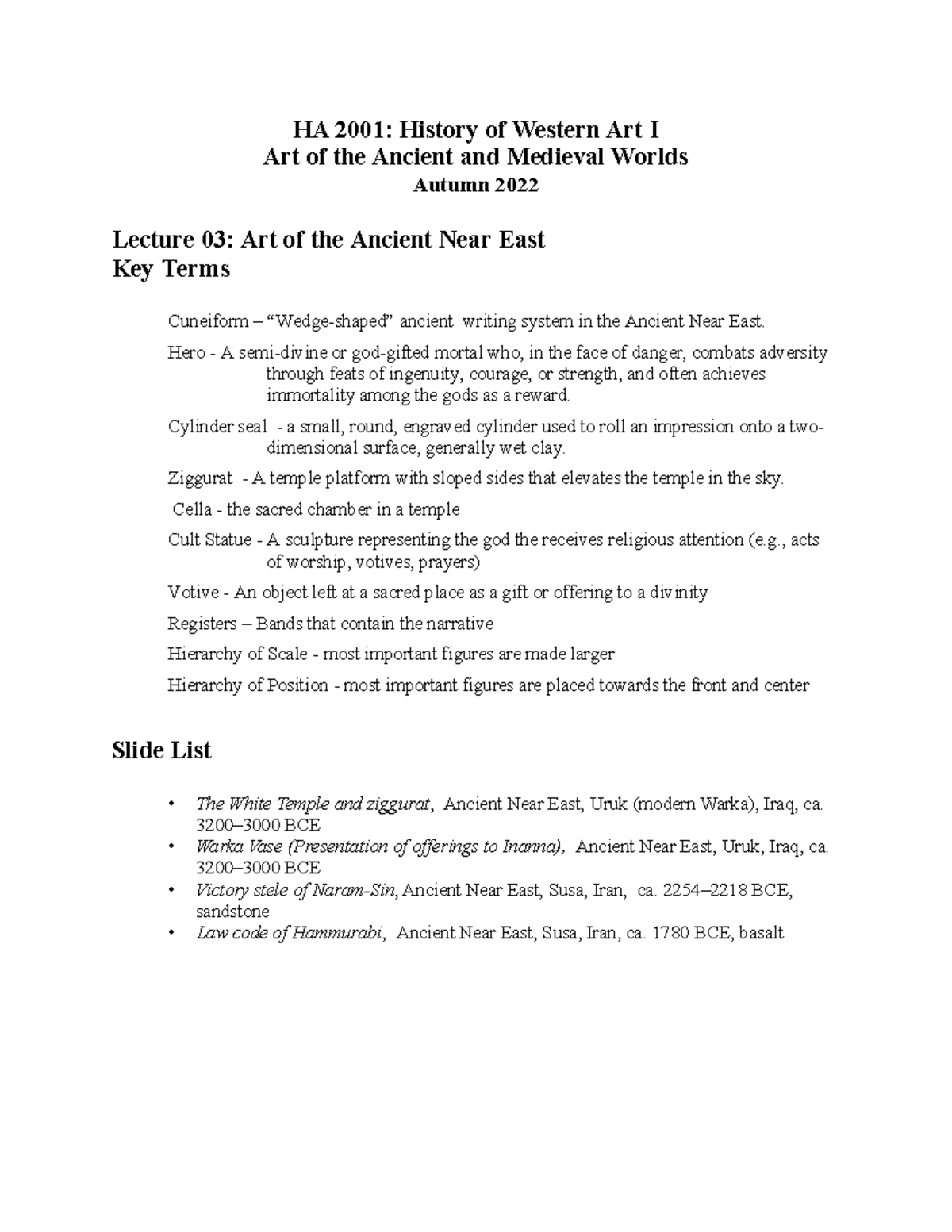 03 Ancient Near East - Guided Notes - HA 2001: History of Western Art I ...