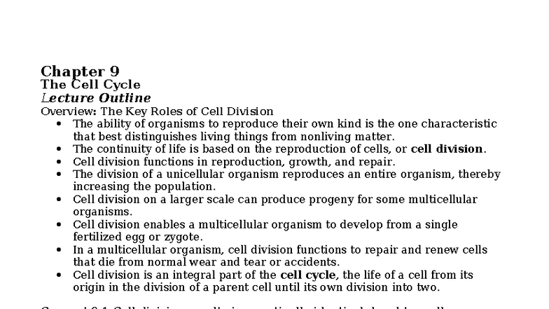 Bio 131 Chapter 9: The Cell Cycle Lecture Outline - Studocu