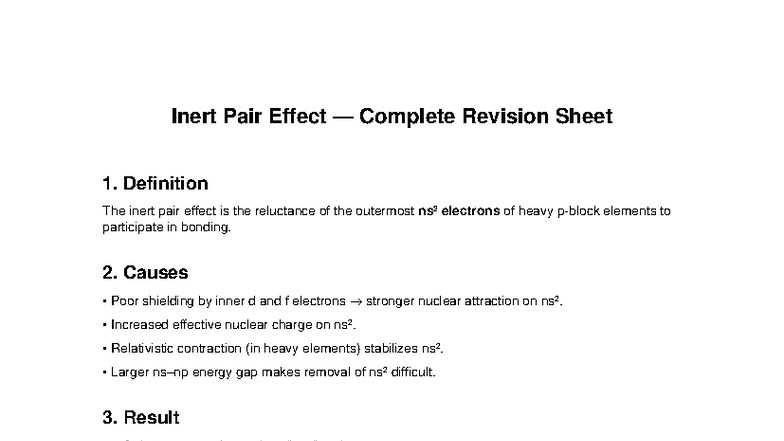 Inert Pair Effect Revision Sheet: Key Concepts & Trends - Studocu