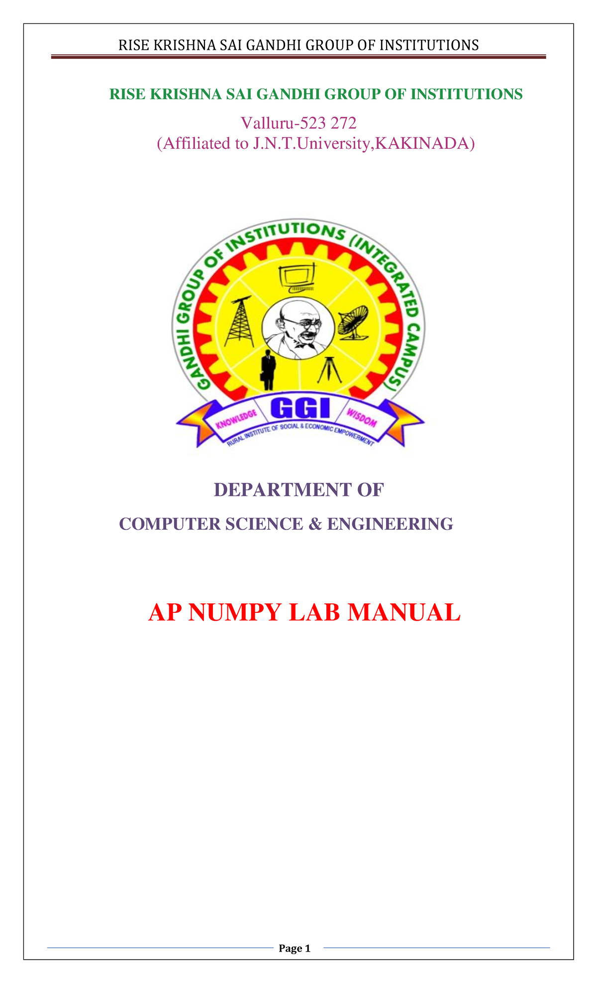 AP CSE 101 NumPy Lab Manual with Revised Experiments for HOD - Studocu