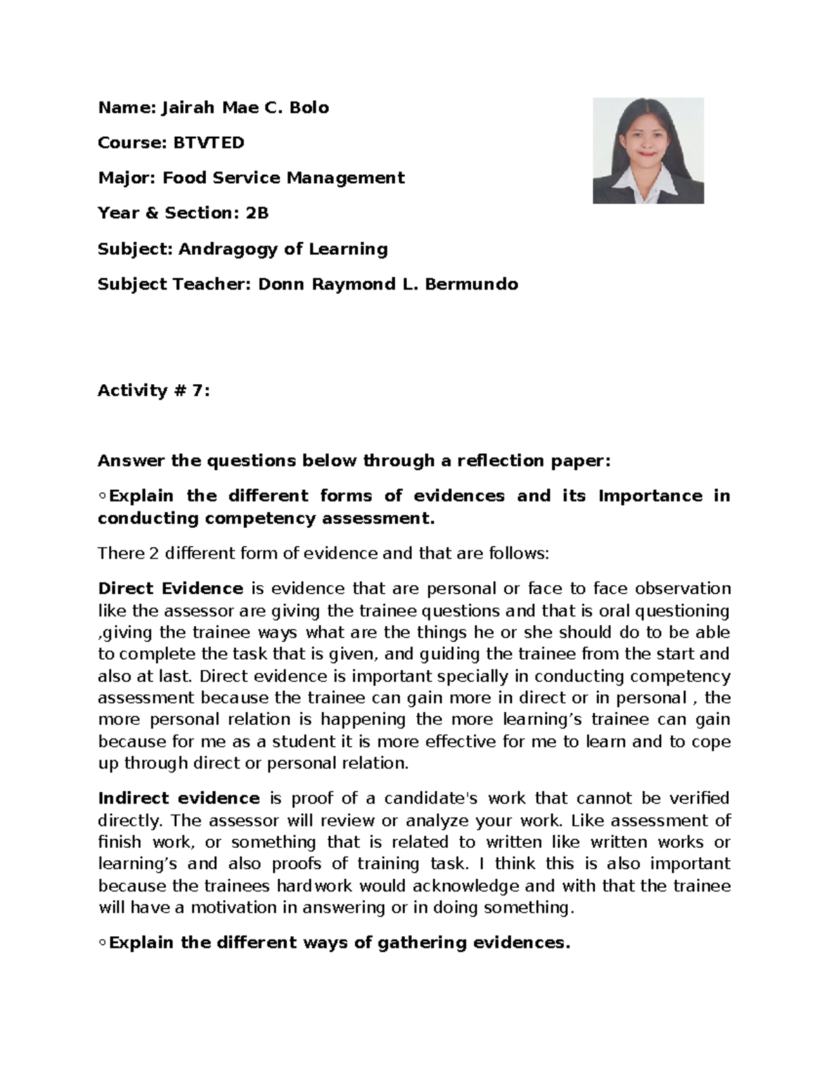 Activity 7 - Reflection on Evidences in Competency Assessment (BTVTED ...