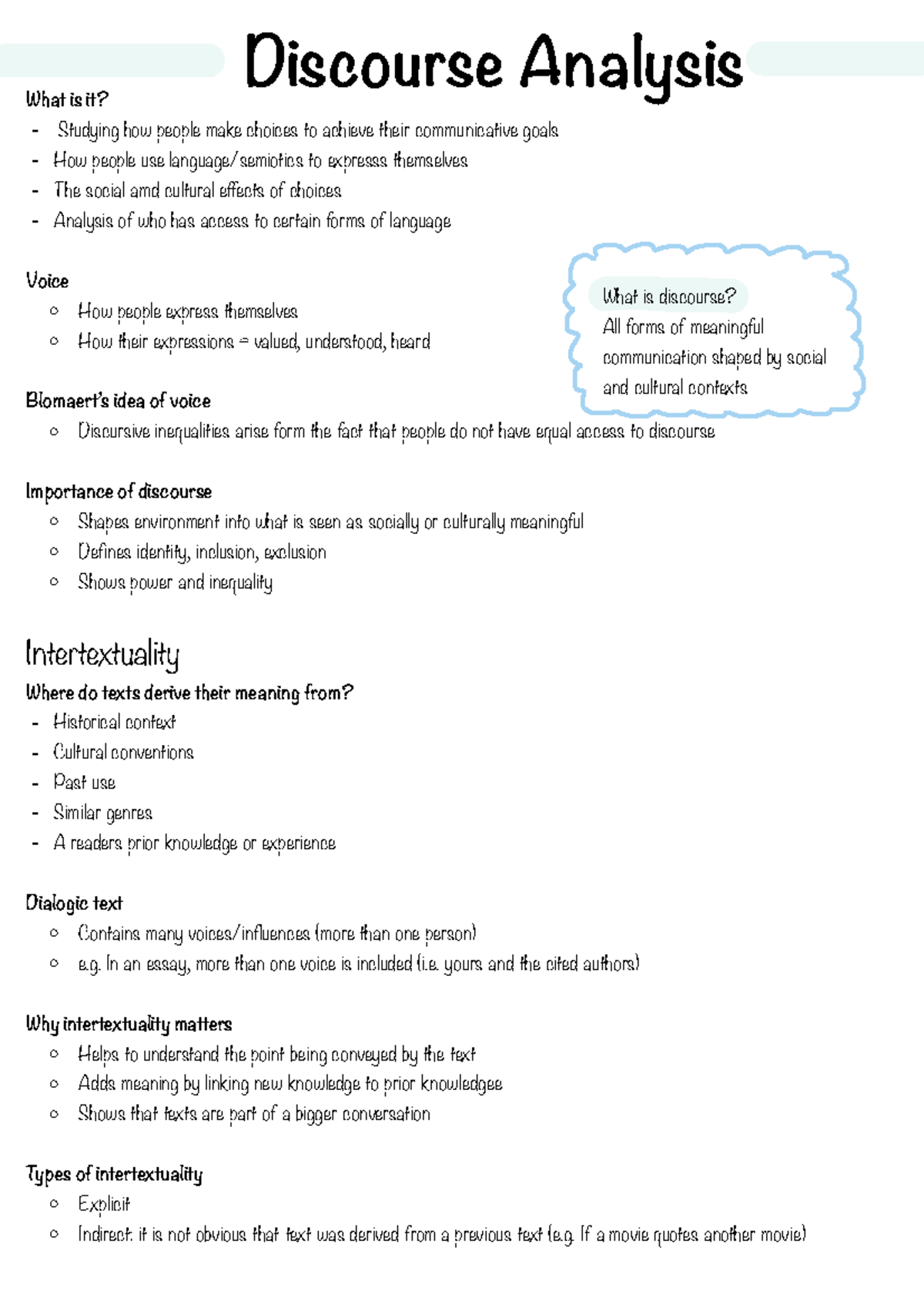 Discourse Analysis (Term 2) - Comprehensive Study Notes - Studocu