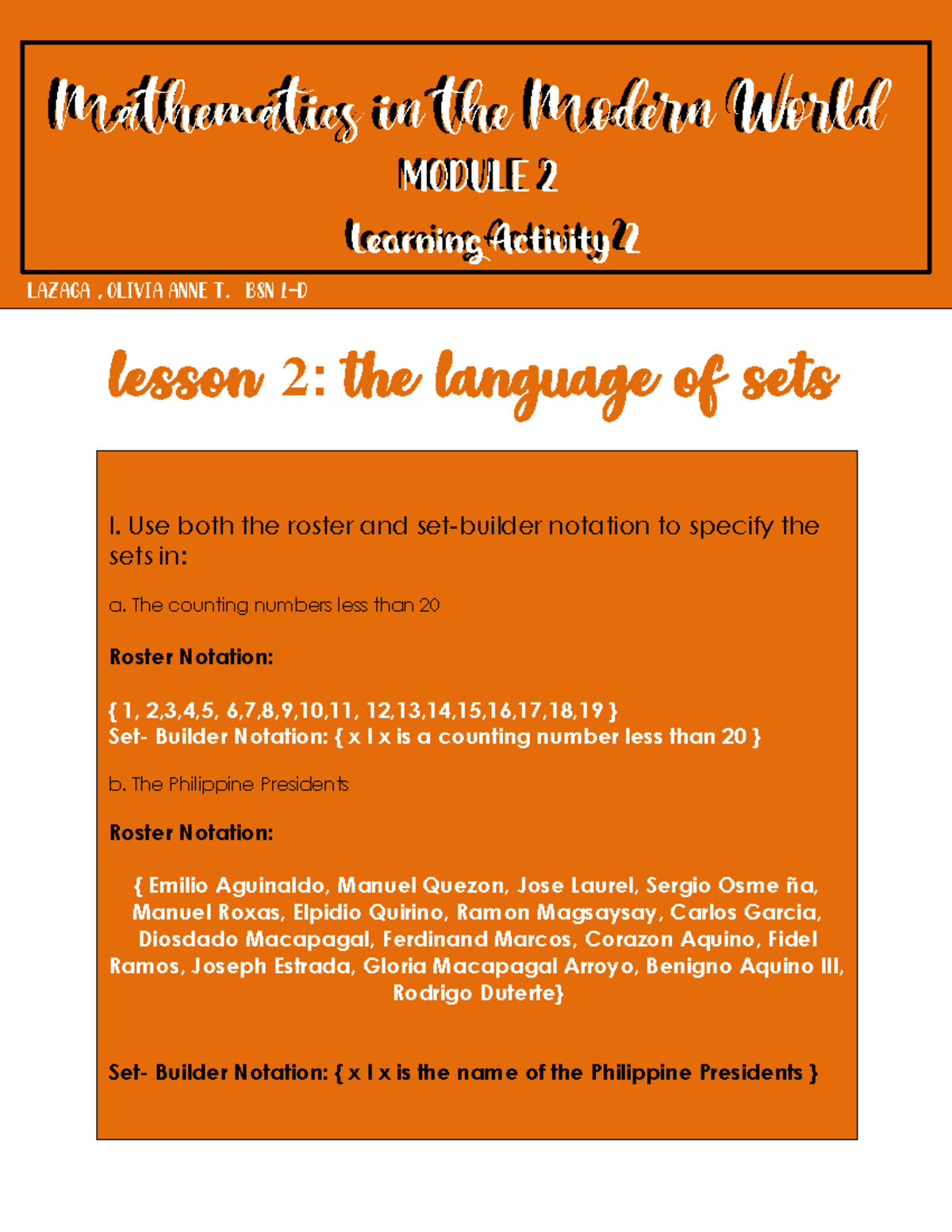 Learning Activity 2 - .......... - Module 2Module 2 Lazaga , Olivia Anne T. BSN 1-D LESSON 2 ...