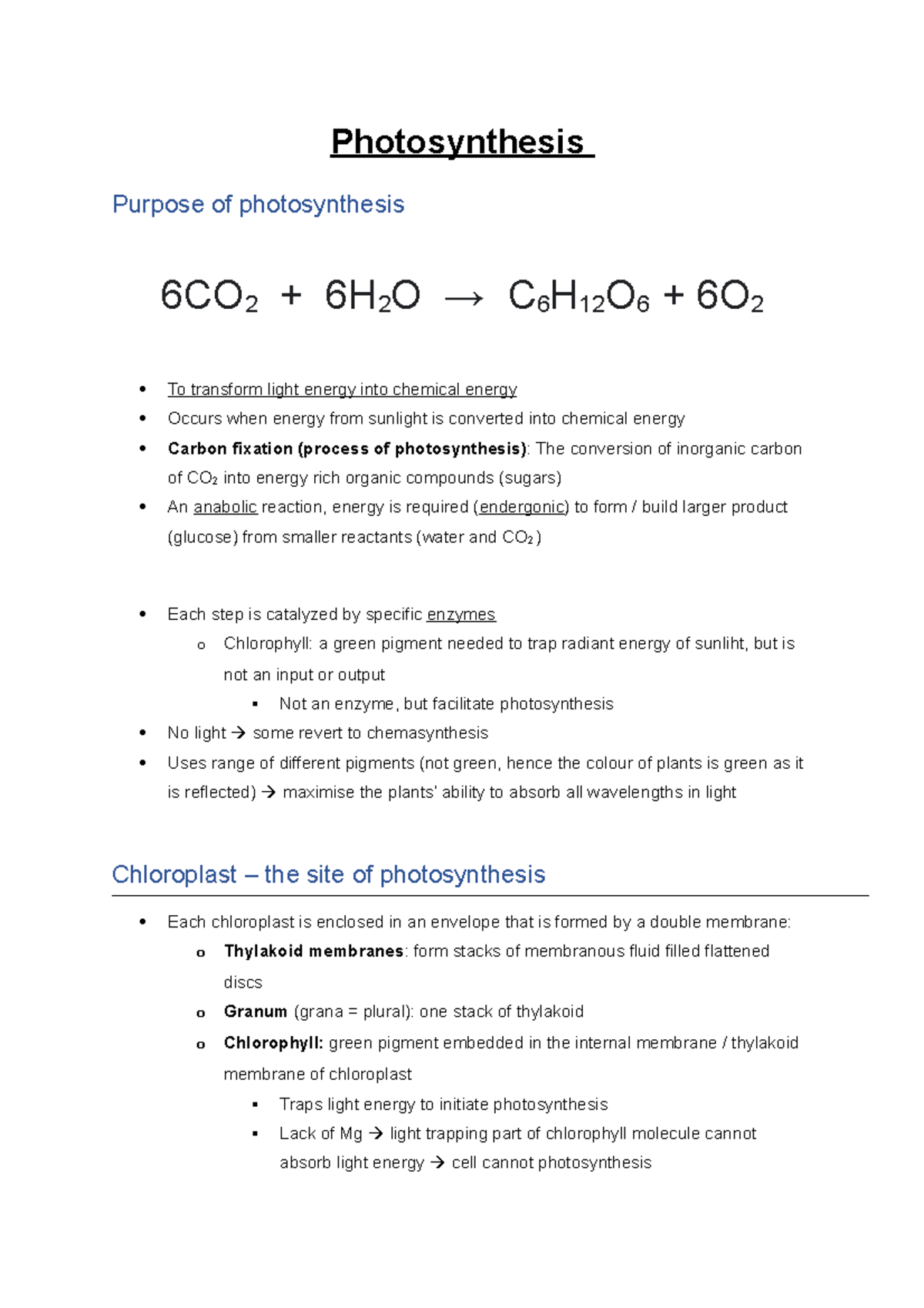 AOS1.4 Photosynthesis notes - Photosynthesis Purpose of photosynthesis ...