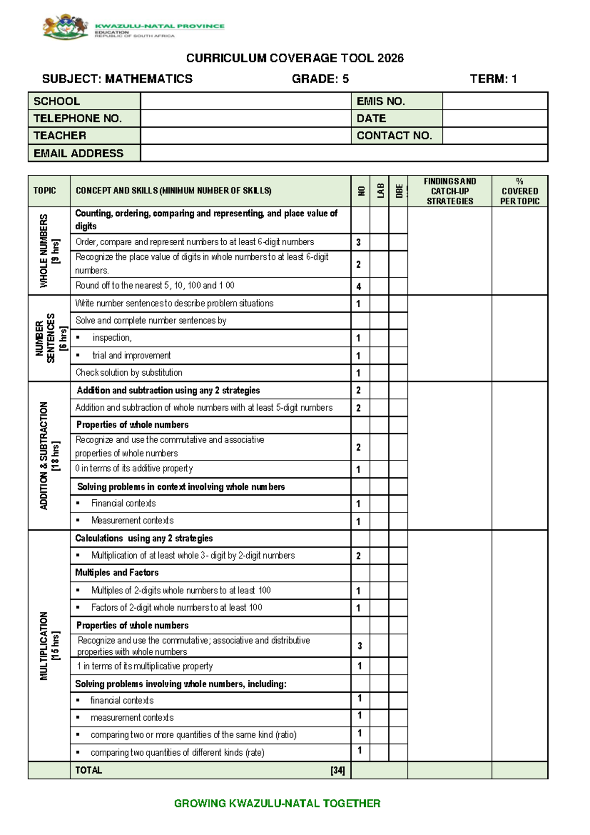 Grade 5 Mathematics Curriculum Coverage Tool 2026 - Studocu