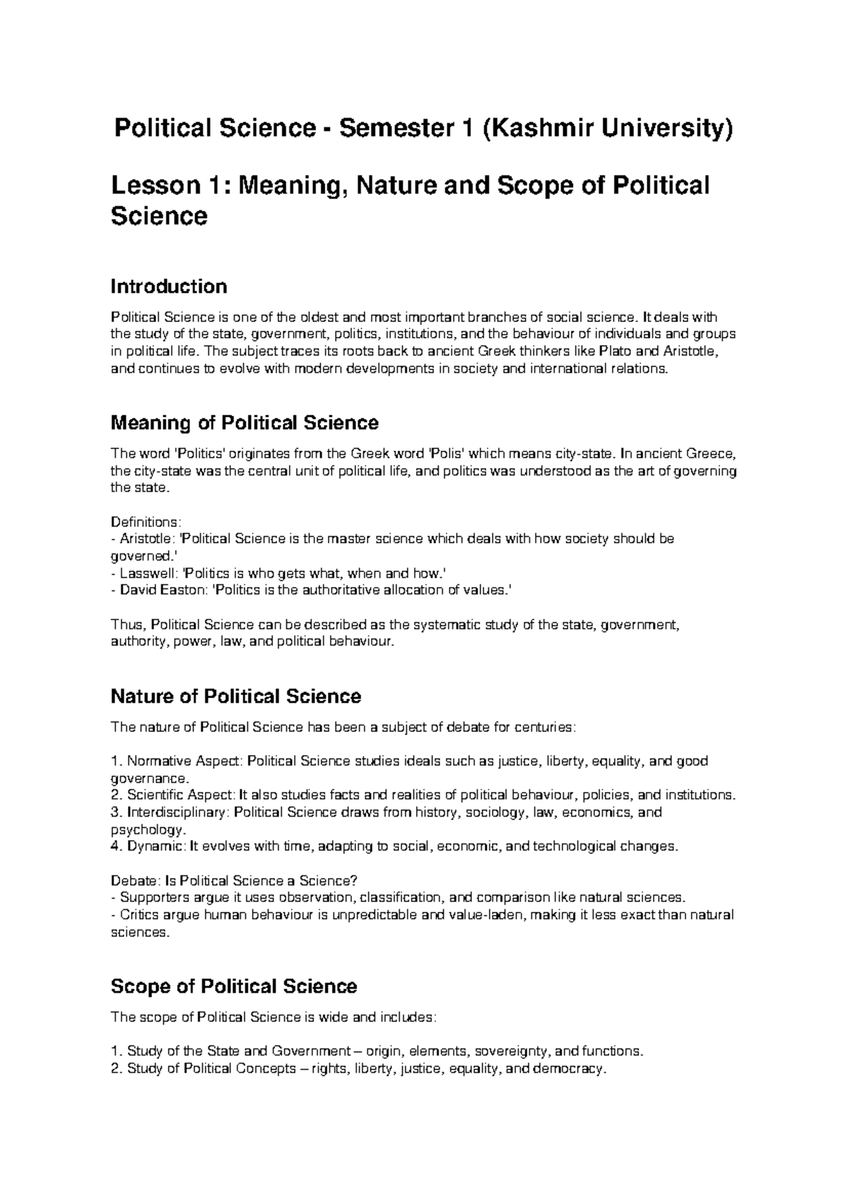 Political Science Semester 1 (KU) Lesson 1: Meaning & Scope Overview ...