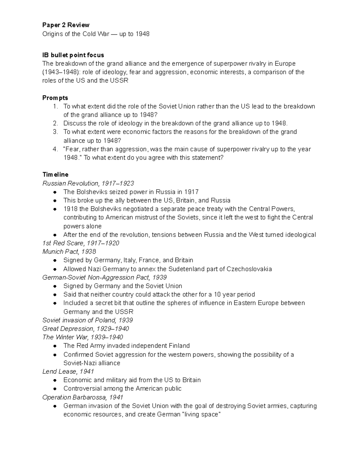 IB Paper 2: Review of the Origins of the Cold War (1943-1948) - Studocu