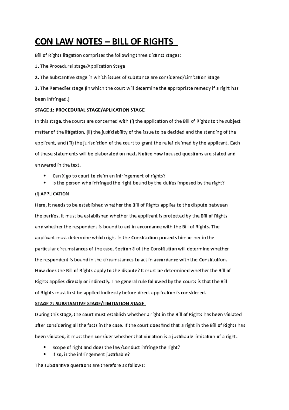 Con Law - Bill of Rights: Summary of South African Constitutional ...