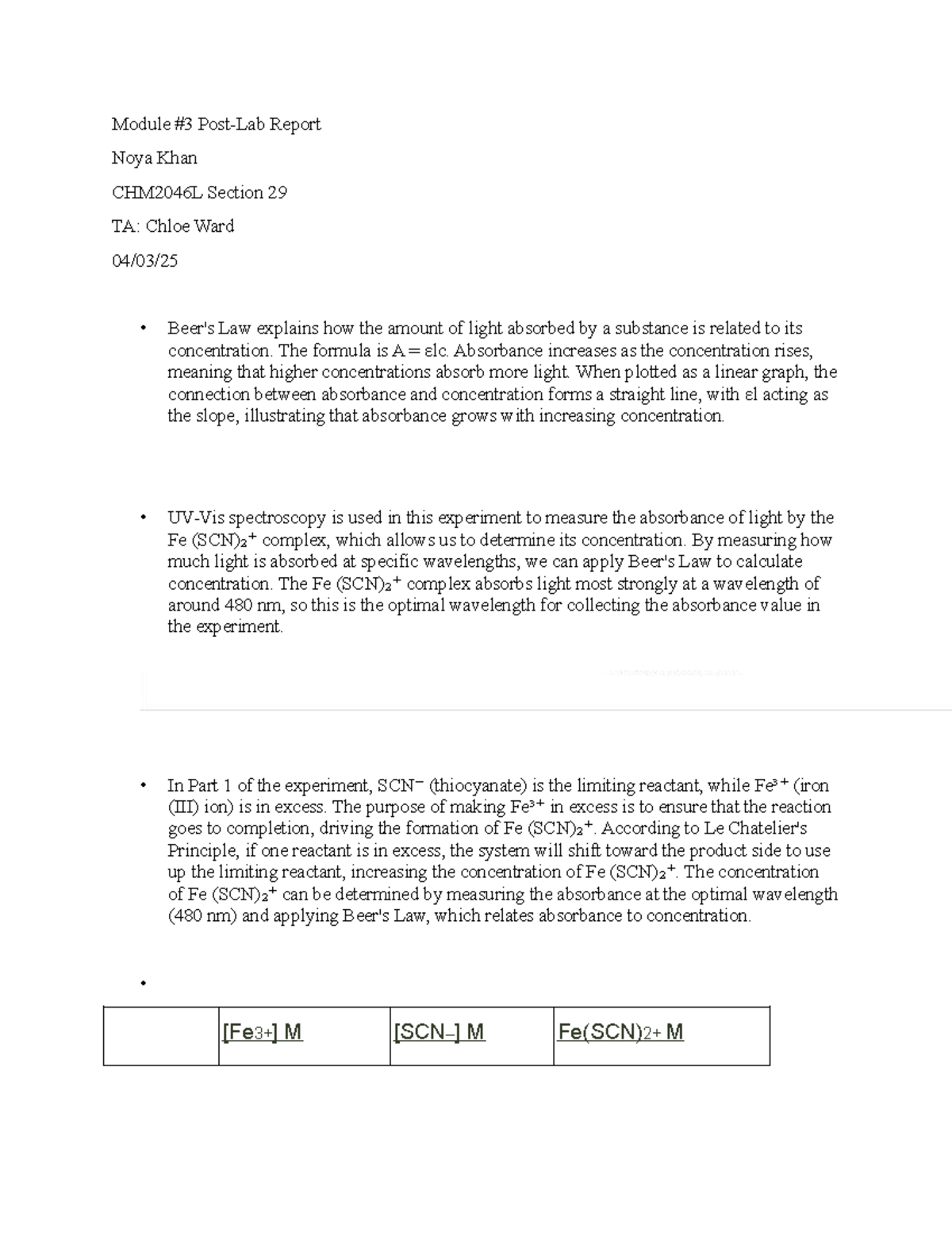 Module #3 Post-Lab Report on Beer-Lambert Law in CHM2046L - Studocu