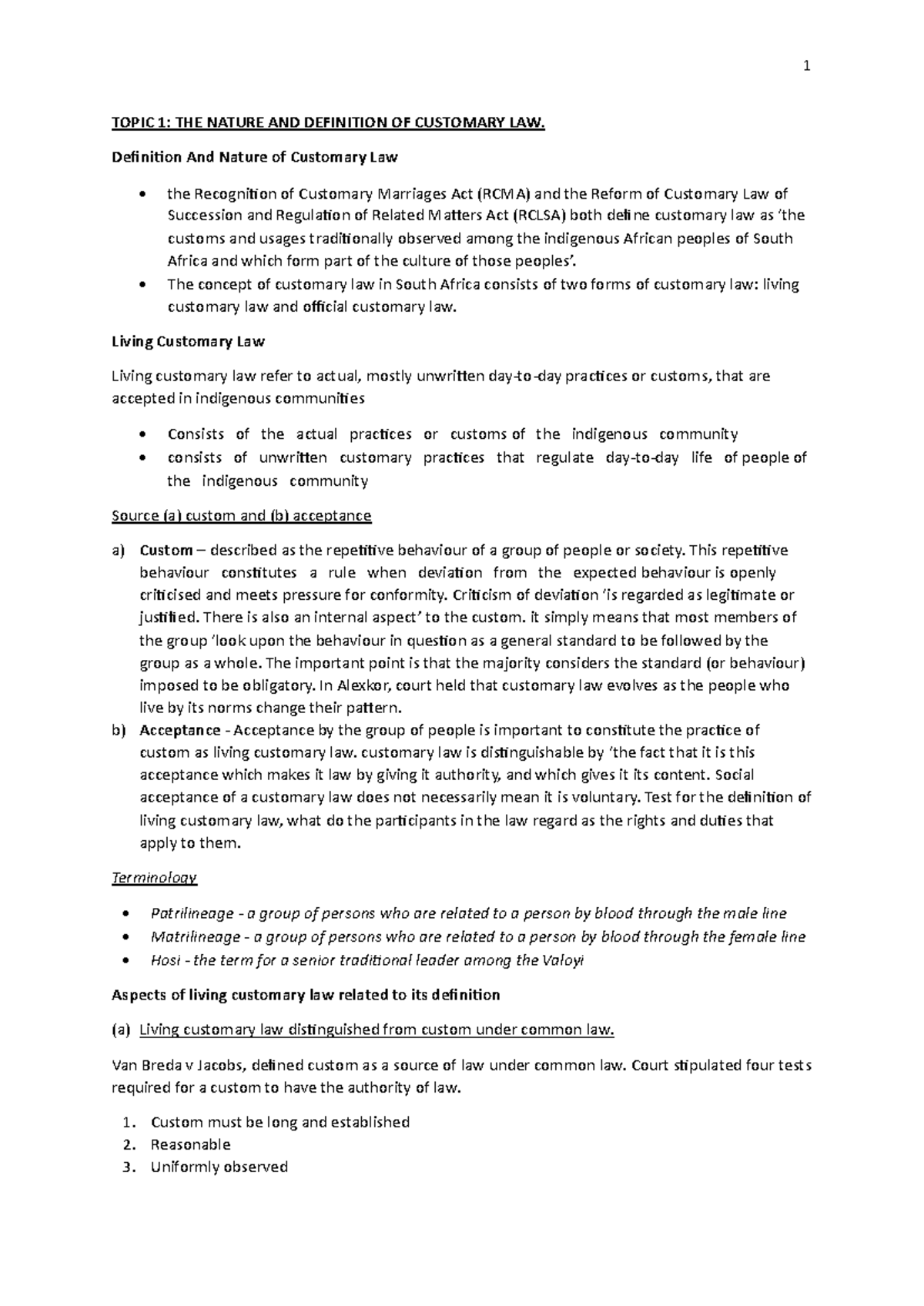 LAC 500 Final Exam Notes: Understanding Customary Law Concepts - Studocu