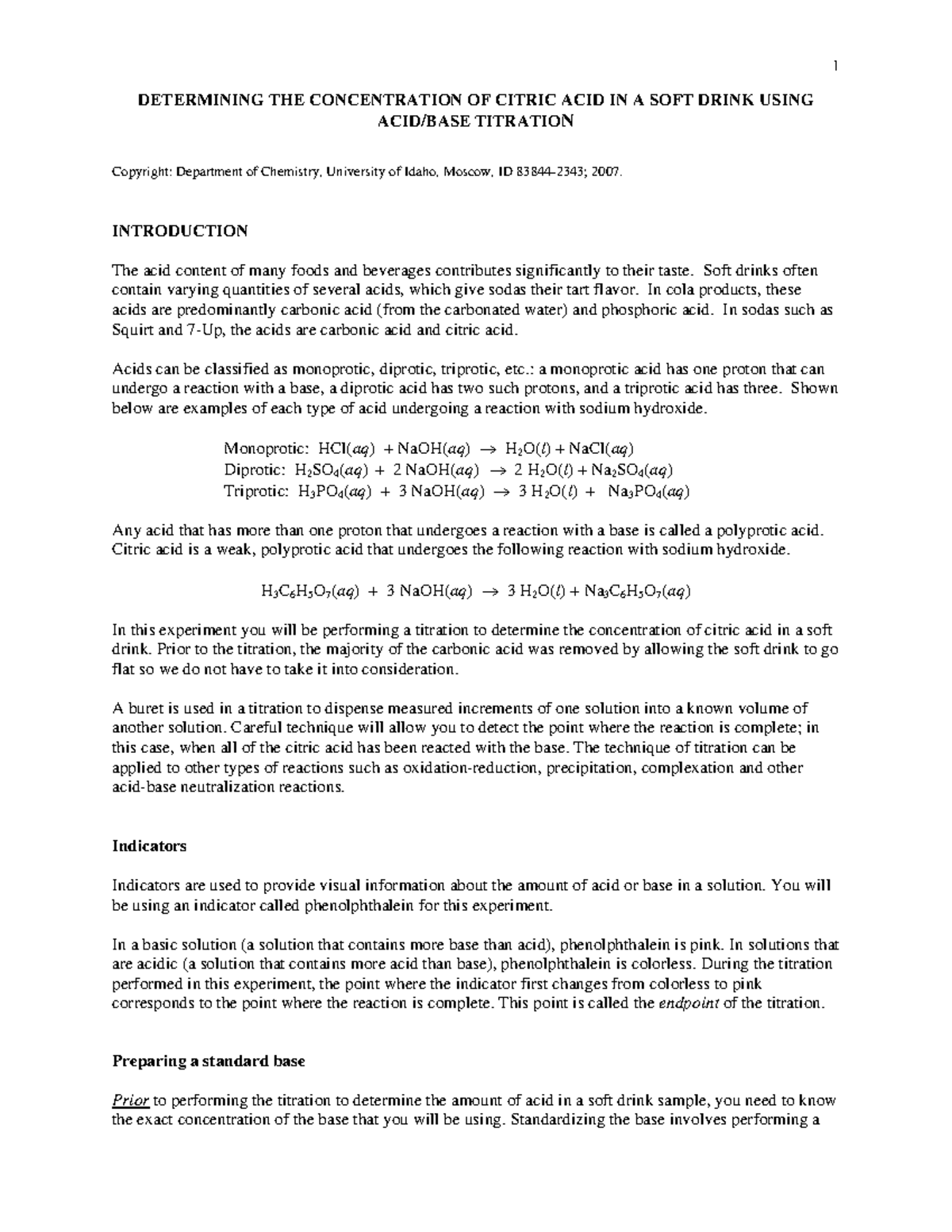 Determining Citric Acid Concentration in Soda via Acid/Base Titration ...