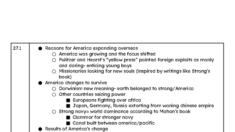 Chapter 27 Notes: America's Expansion and Imperialism (HIST 101) - Studocu