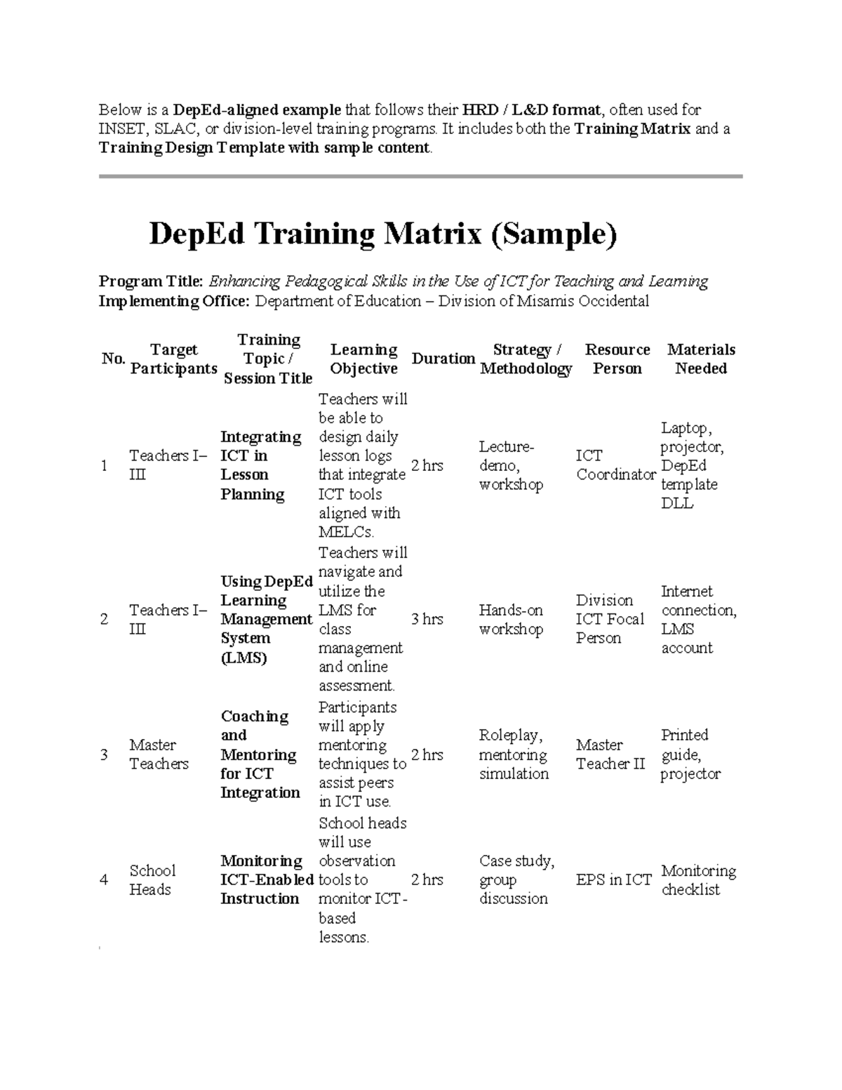 DepEd Training Matrix & Design: Enhancing ICT Pedagogy Skills - Studocu
