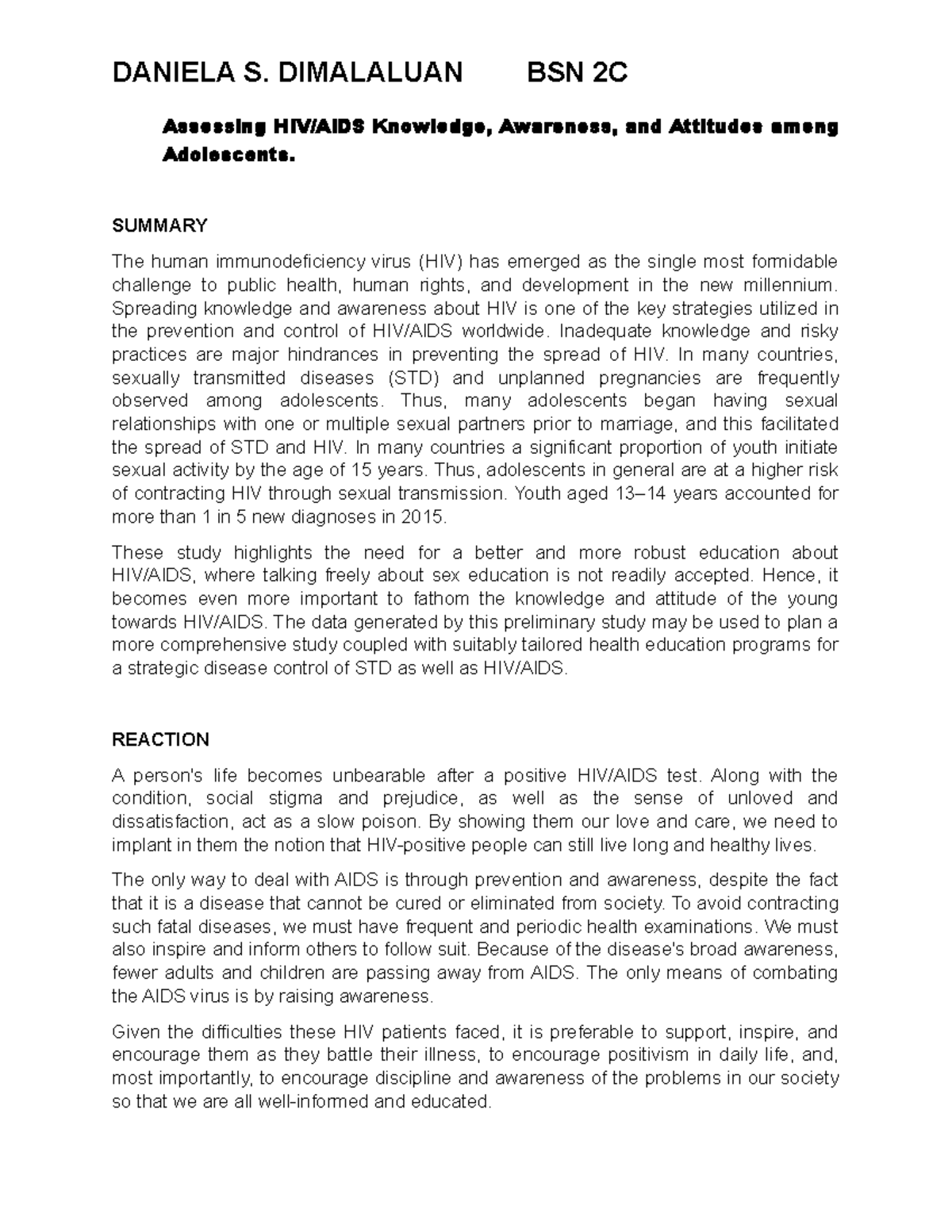 Assessing HIV - DANIELA S. DIMALALUAN BSN 2C Assessing HIV/AIDS ...