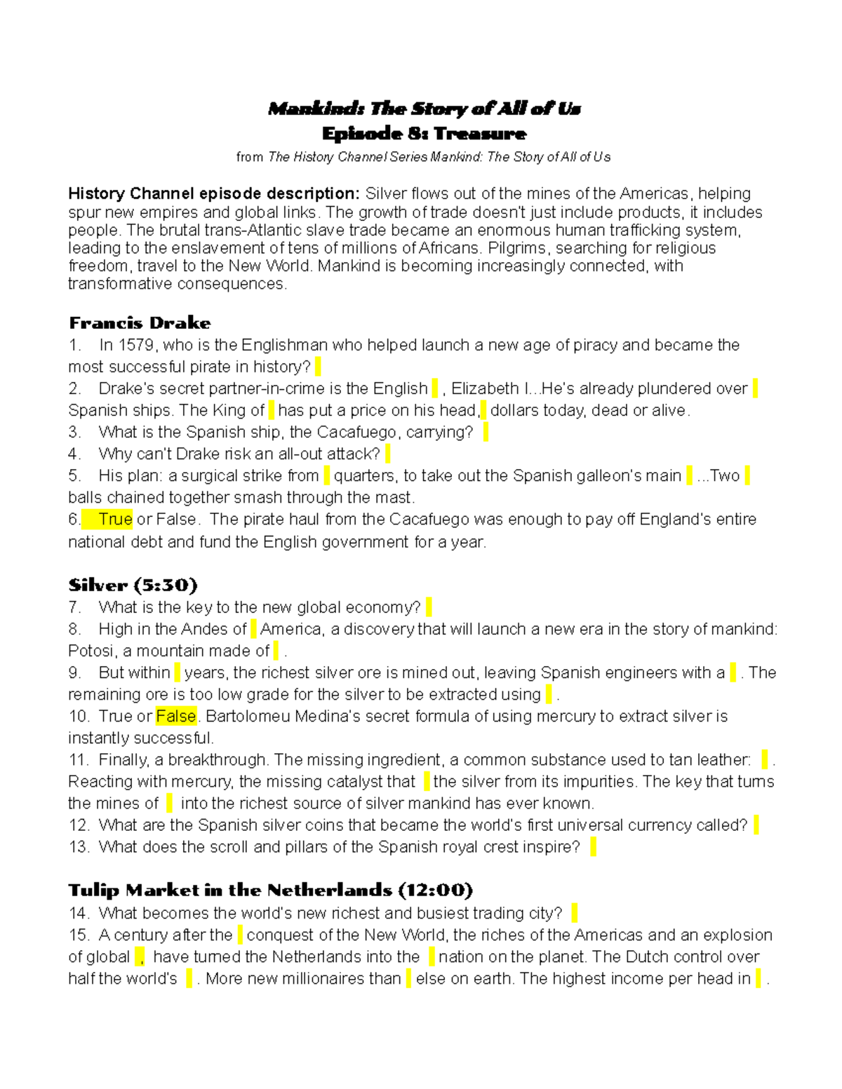 Mankind Episode 8: Treasure Insights and Historical Context - Studocu