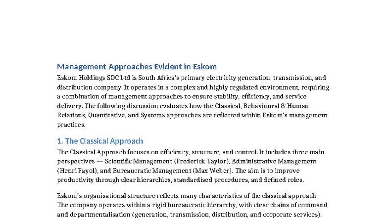 Management Approaches in Eskom: A Comprehensive Analysis - Studocu