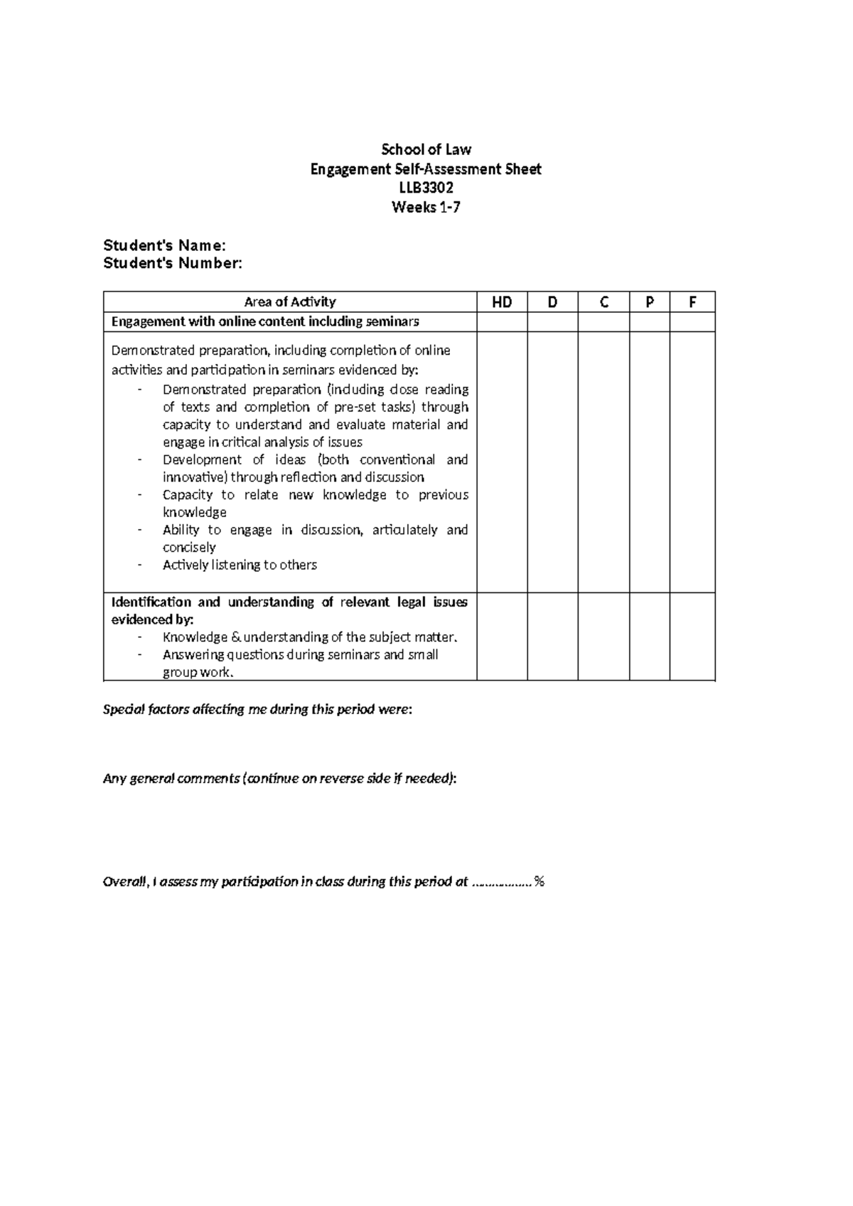 Engagement Self-Assessment Form - School of Law Engagement Self ...