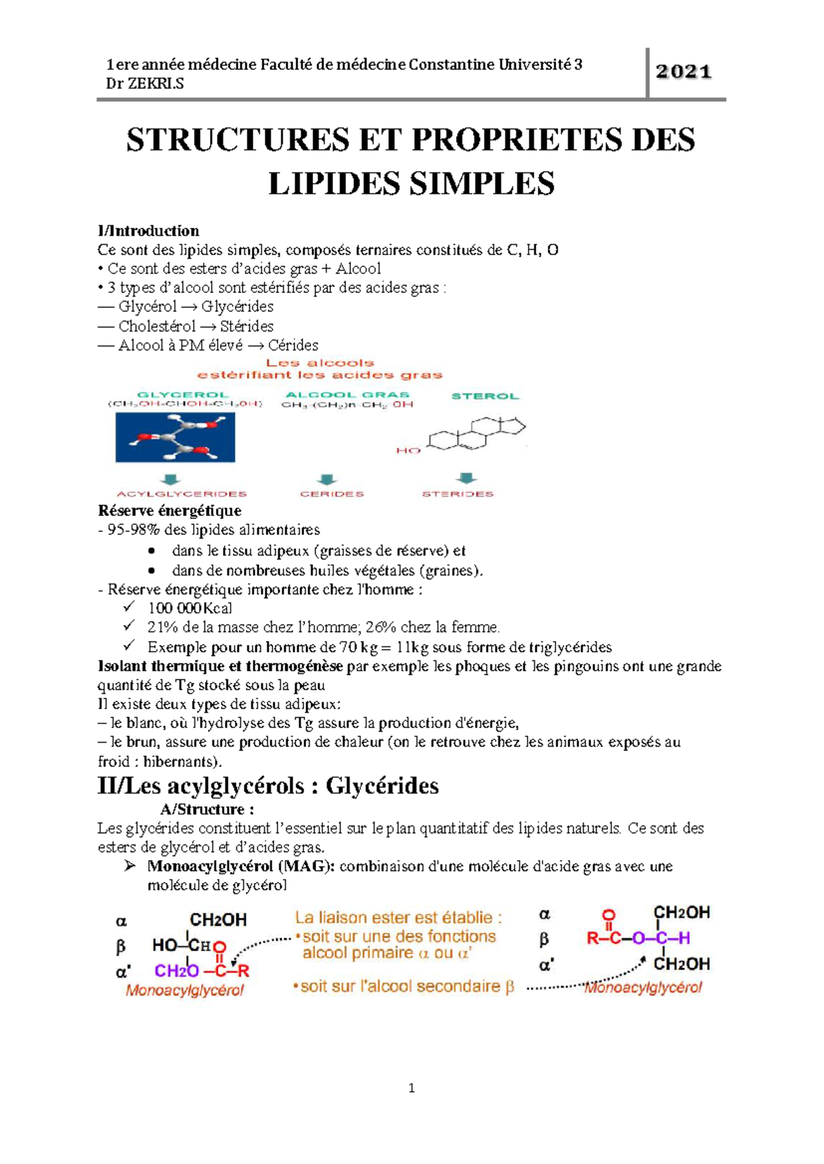 Bioch 1an-structure proprietes lipides - Dr ZEKRI 2021 STRUCTURES ET ...