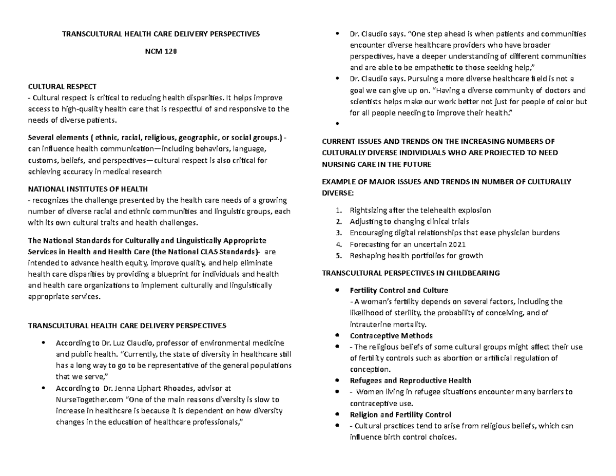 Transcultural Health Care Delivery: Perspectives in NCM 120 - Studocu