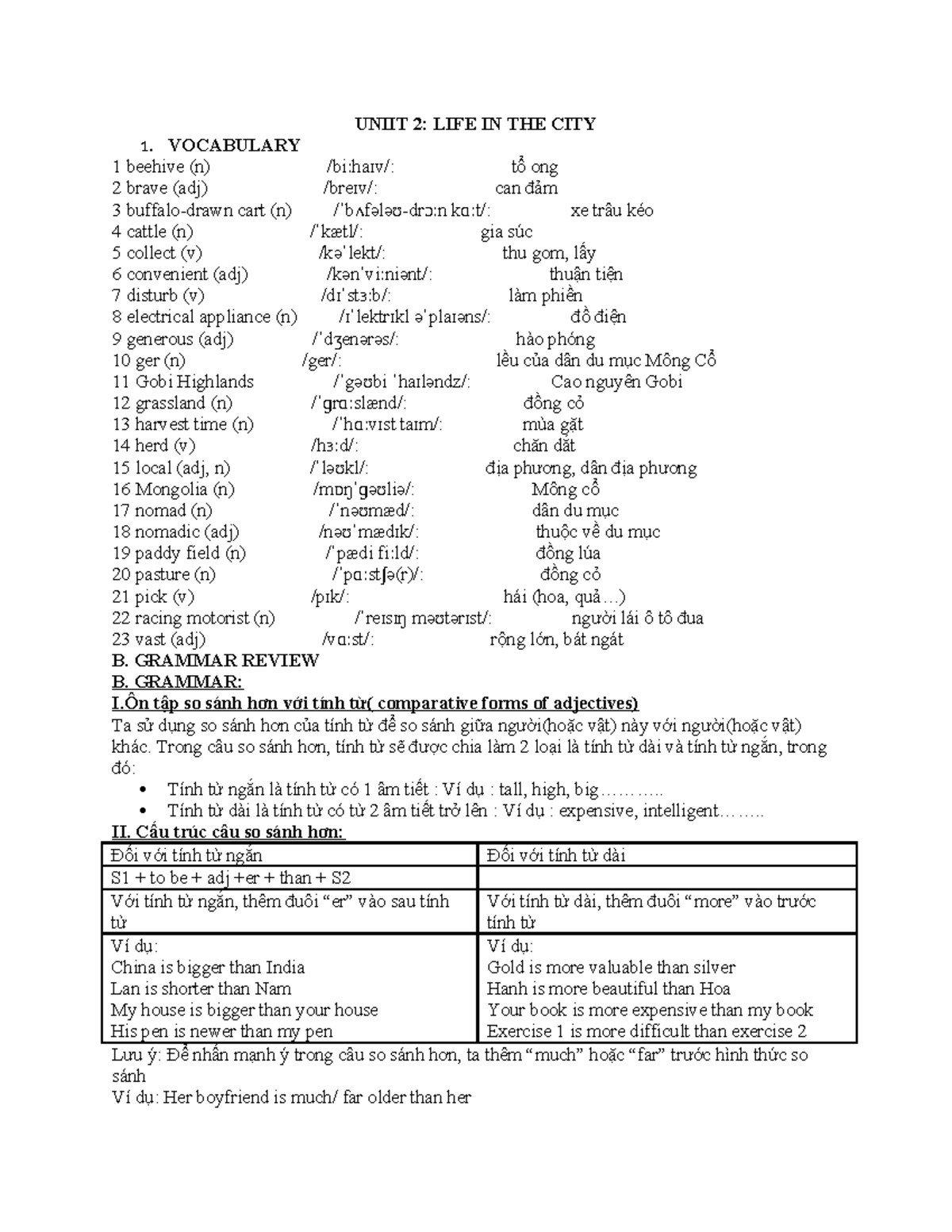UNIT 2: LIFE IN THE CITY - Vocabulary and Grammar Exercises - Studocu
