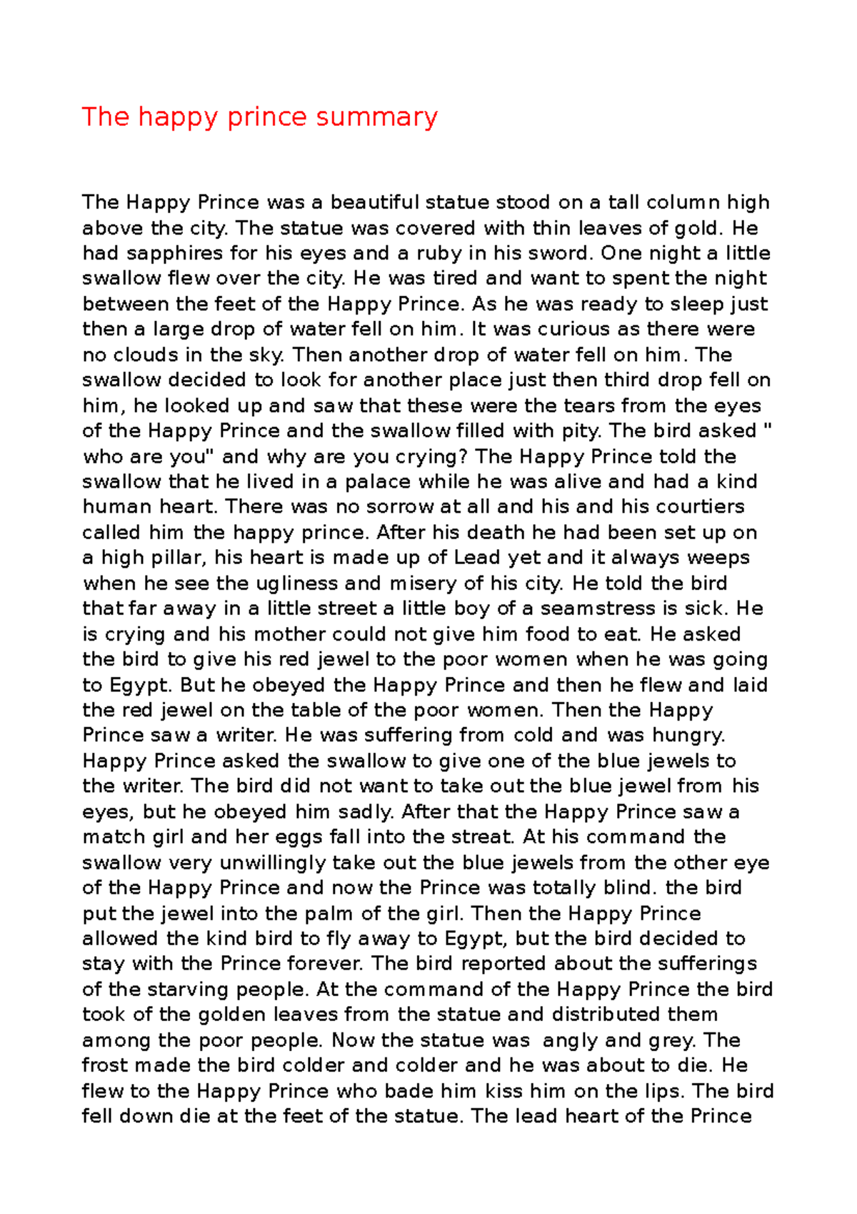 The happy prince summary - The statue was covered with thin leaves of ...