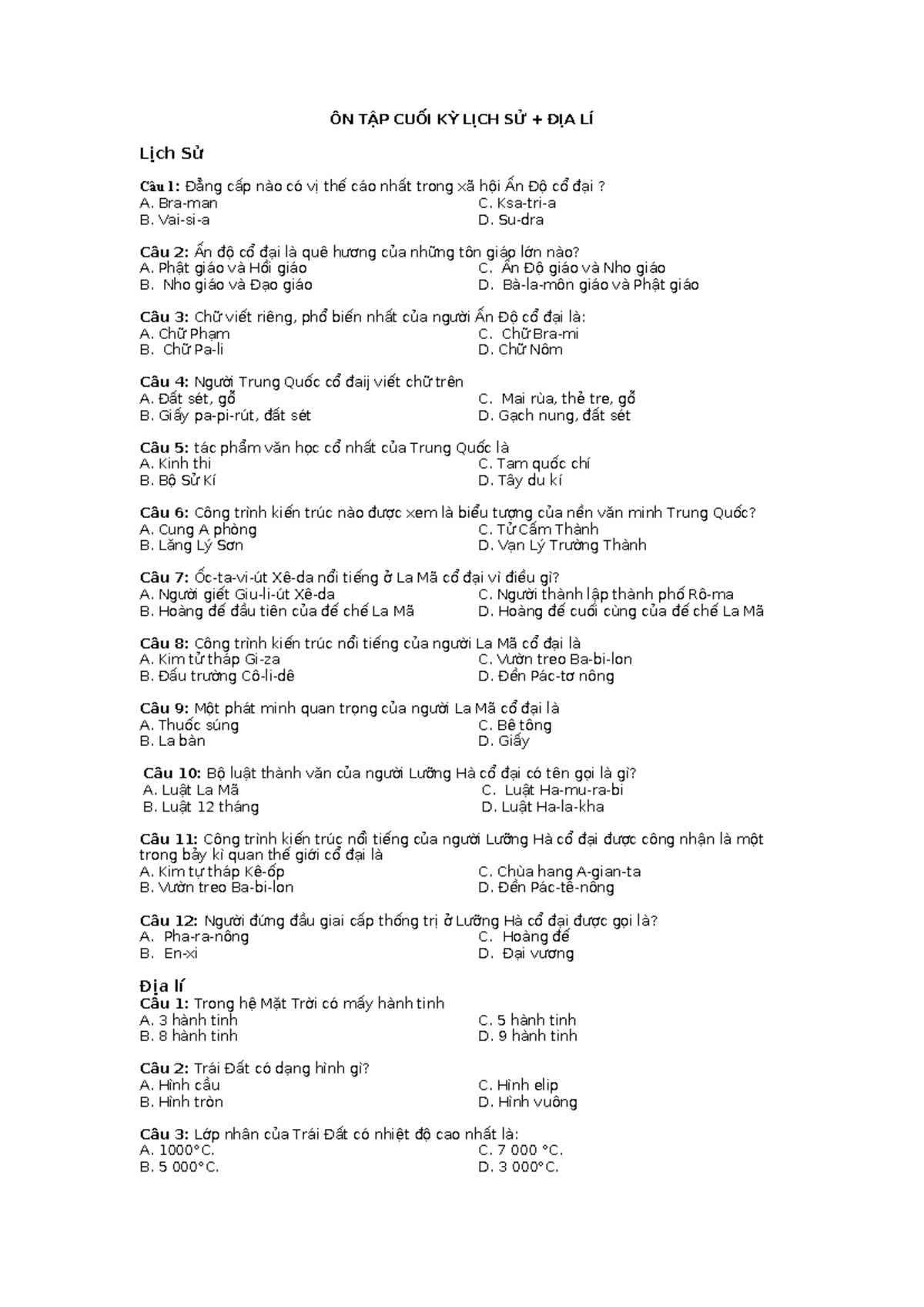 ÔN TẬP CUỐI KỲ LỊCH SỬ ĐỊA LÍ - Câu Hỏi và Đáp Án - Studocu