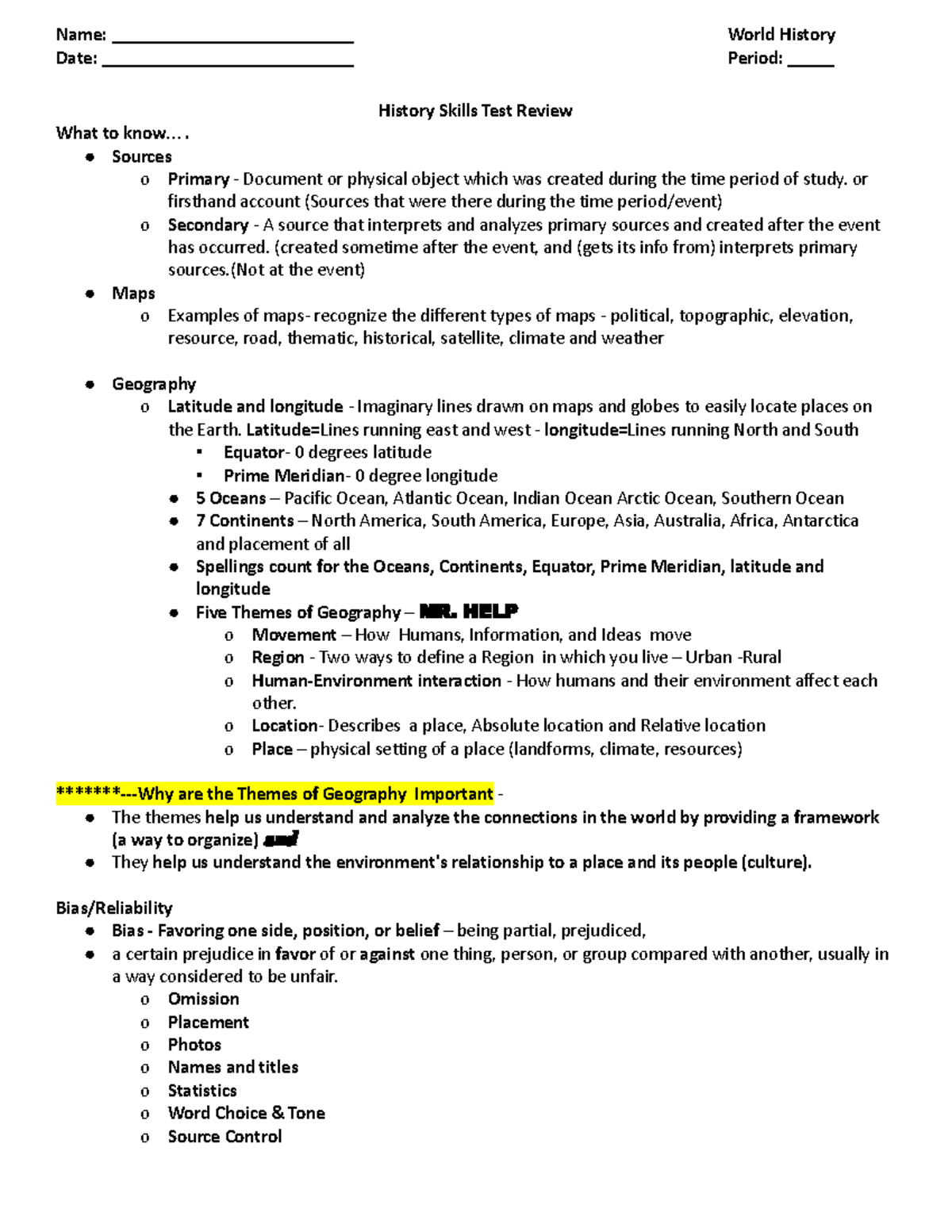 HIST 101: World History Skills Test Review Sheet 2024 - Studocu