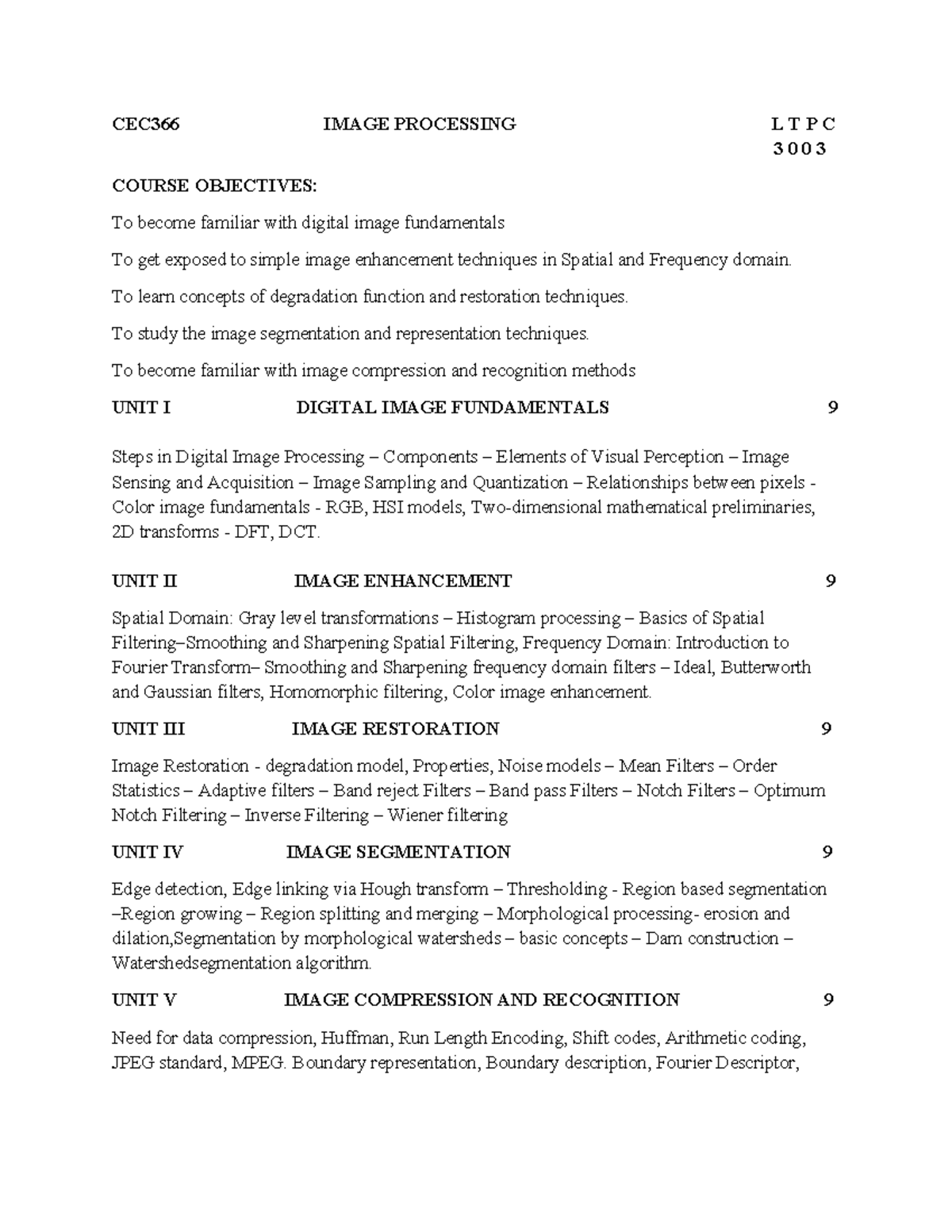 CEC366 Image Processing: Course Objectives & Syllabus Notes - Studocu