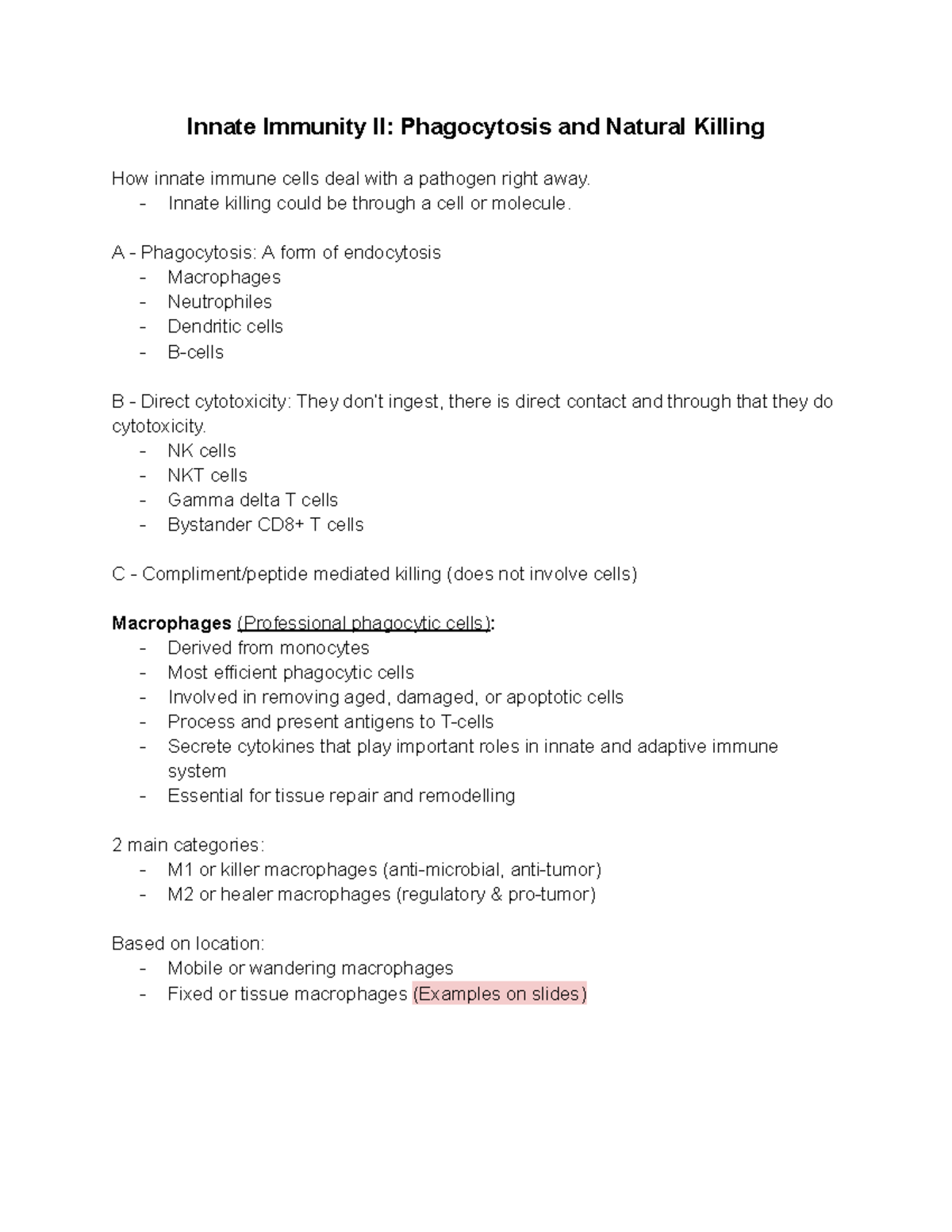 3I03 Notes: Innate Immunity II - Phagocytosis & Natural Killing - Studocu