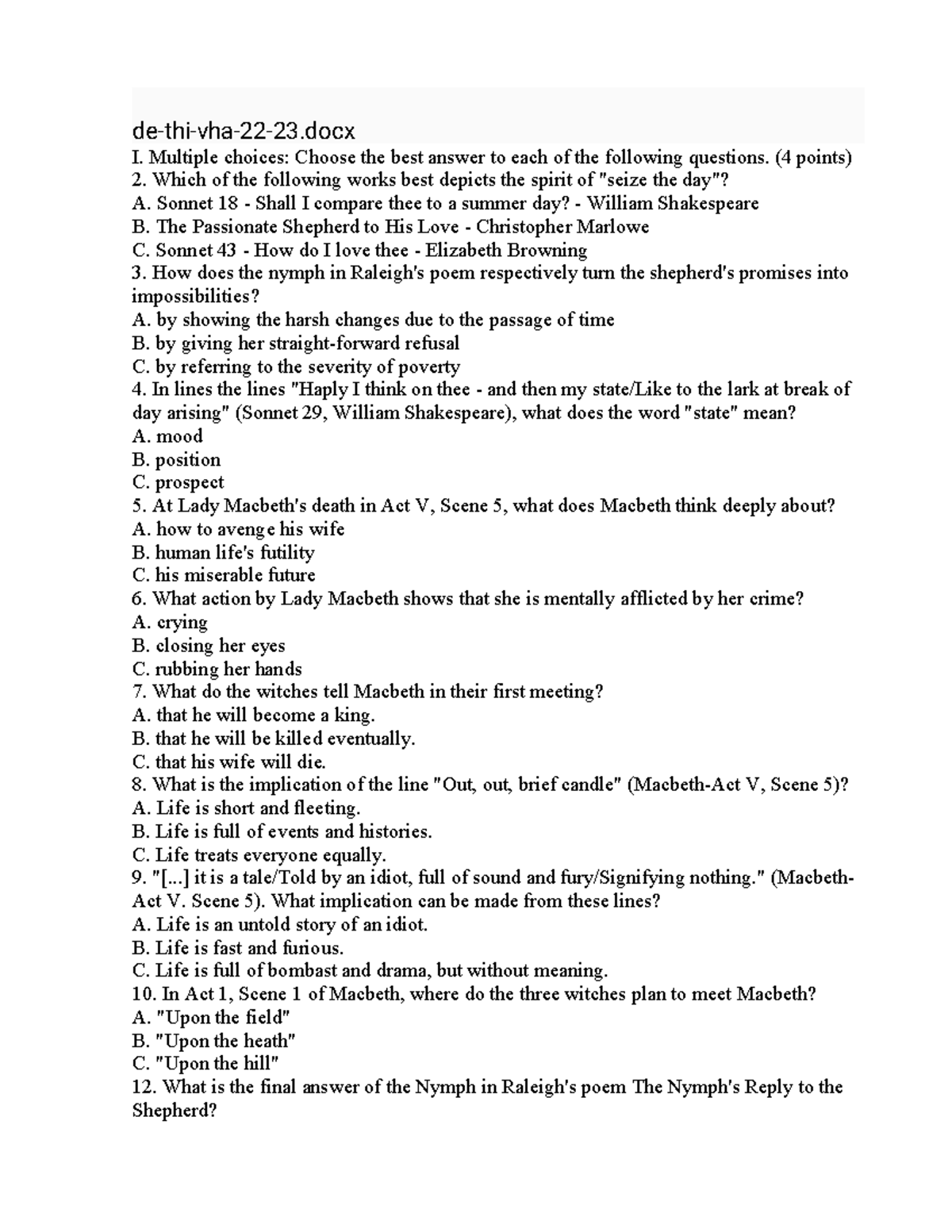 English Literature Quiz: Key Questions & Answers (ENG101) - Studocu