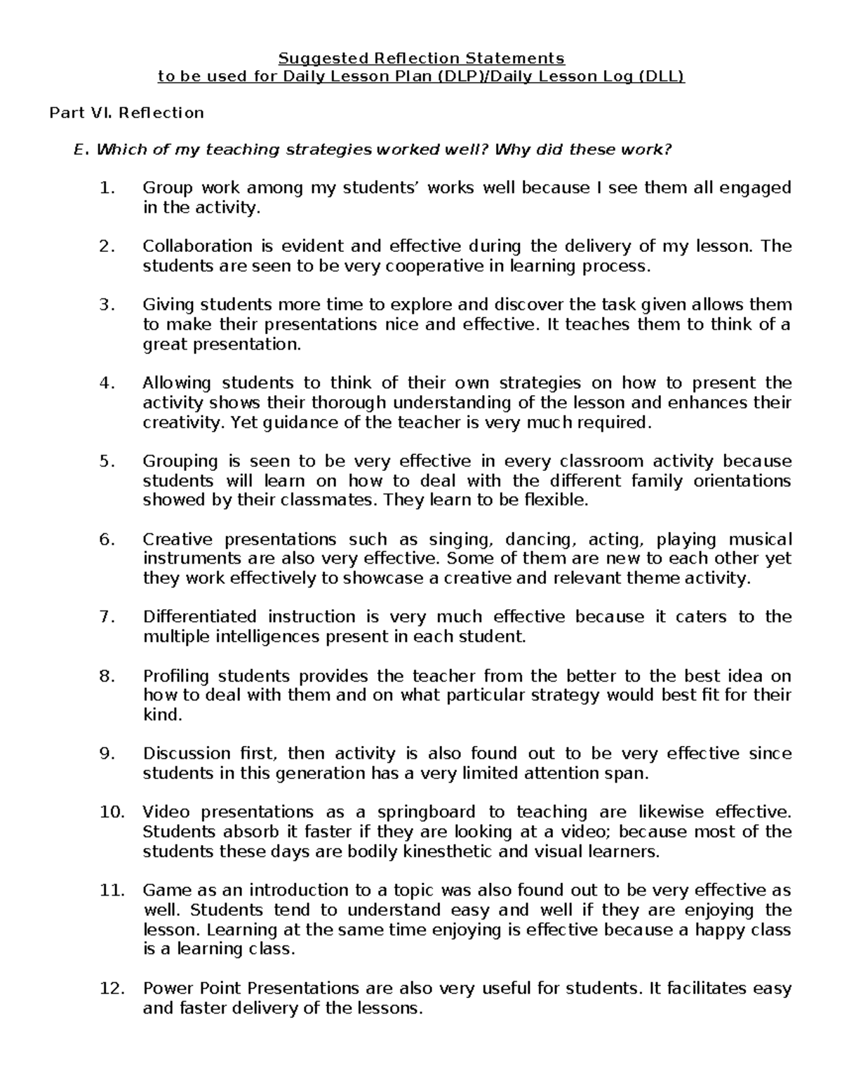 Suggested Reflection Statements for DLP/DLL (Daily Lesson Plan/Log ...