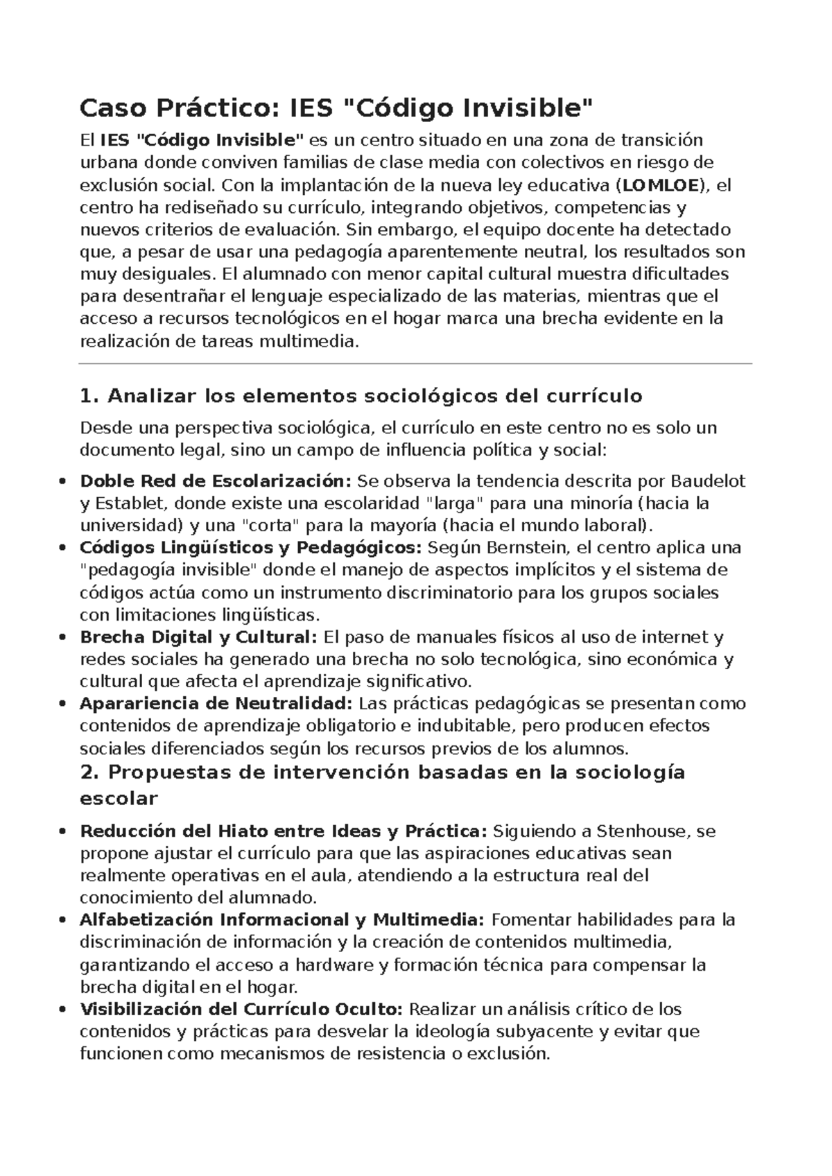 Caso Práctico: IES y la Brecha Educativa en la LOMLOE - Studocu