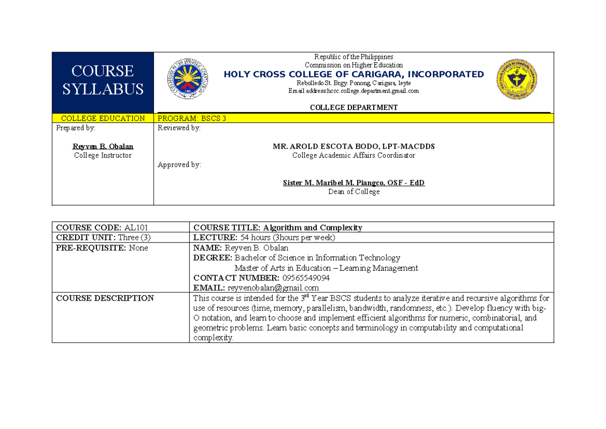 Algorithm and Complexity Syllabus for AL101 - BSCS 3 Course - Studocu