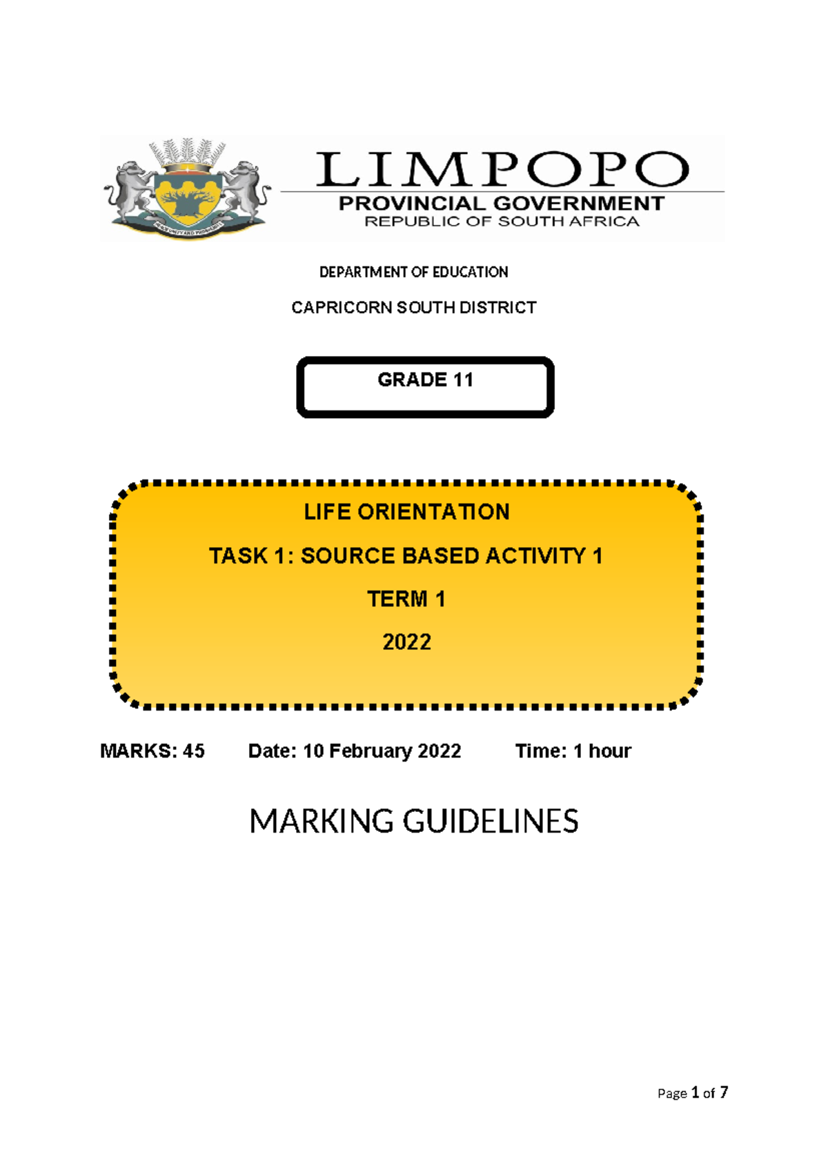 Grade 11 LIFE Orientation 2022 Task 1 Source-Based Activity Memorandum ...