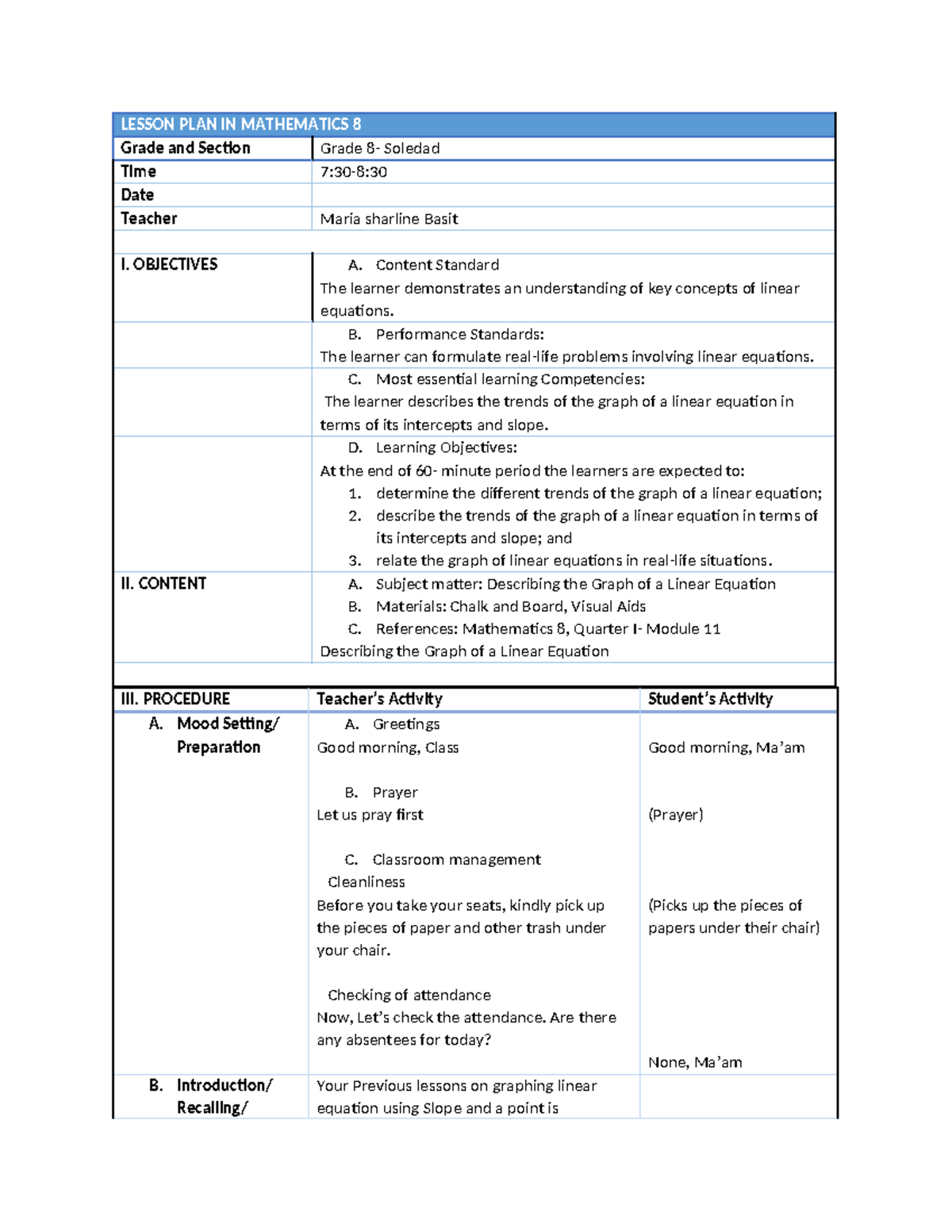 Grade 8 Math: Lesson Plan on Describing Graphs of Linear Equations ...