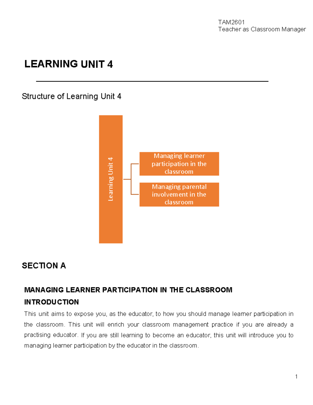 TAM2601 - Learning Unit 4: Managing Classroom Participation & Diversity ...