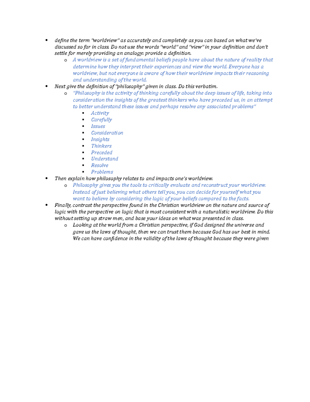 Logic Exam essay outline - define the term “worldview” as accurately ...