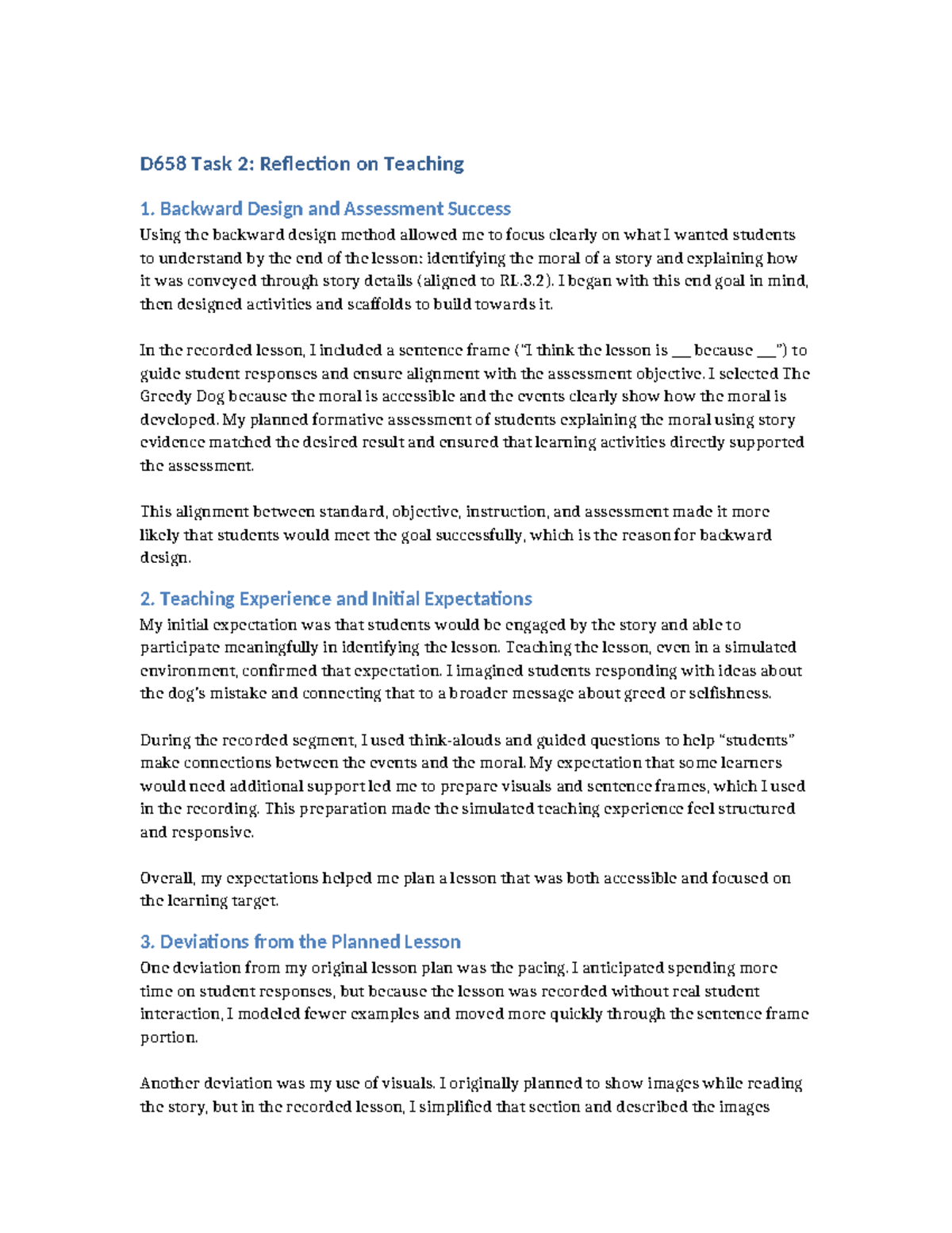 D658 Task 2: Reflection on Backward Design in Teaching Practice - Studocu