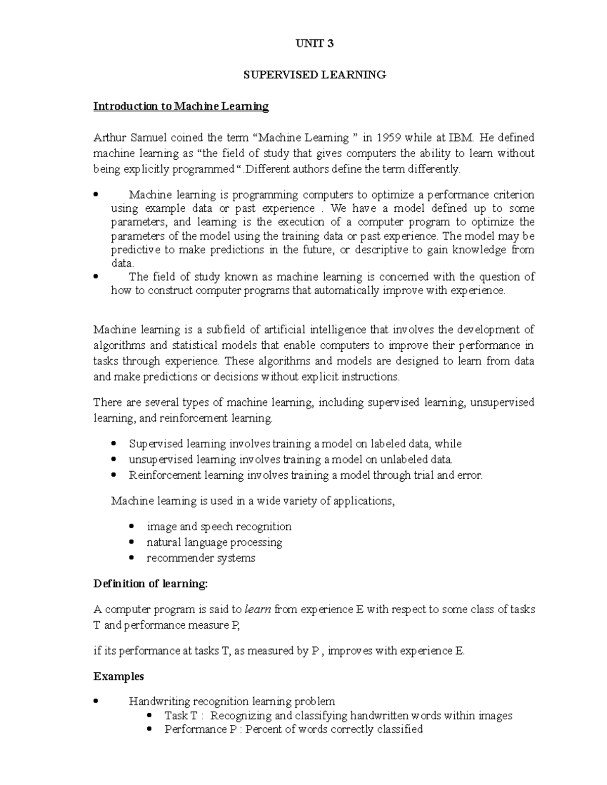 UNIT III Supervised Learning - UNIT 3 SUPERVISED LEARNING Introduction to Machine Learning ...