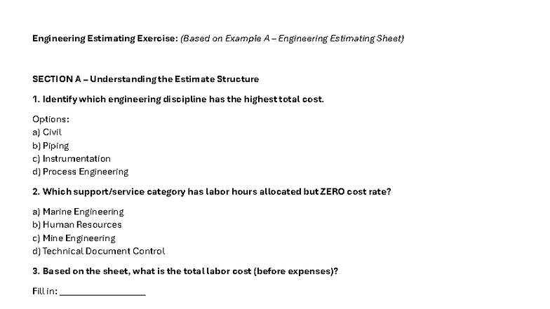 Engineering Estimating Exercise: Understanding Cost Structures and ...
