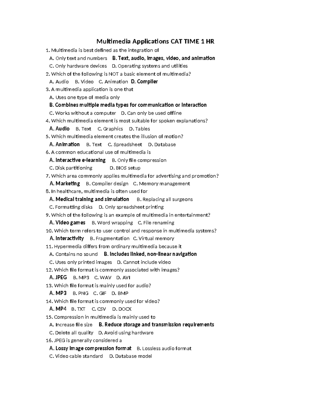Multimedia Applications CAT TIME 1 HR - Exam Preparation Guide - Studocu