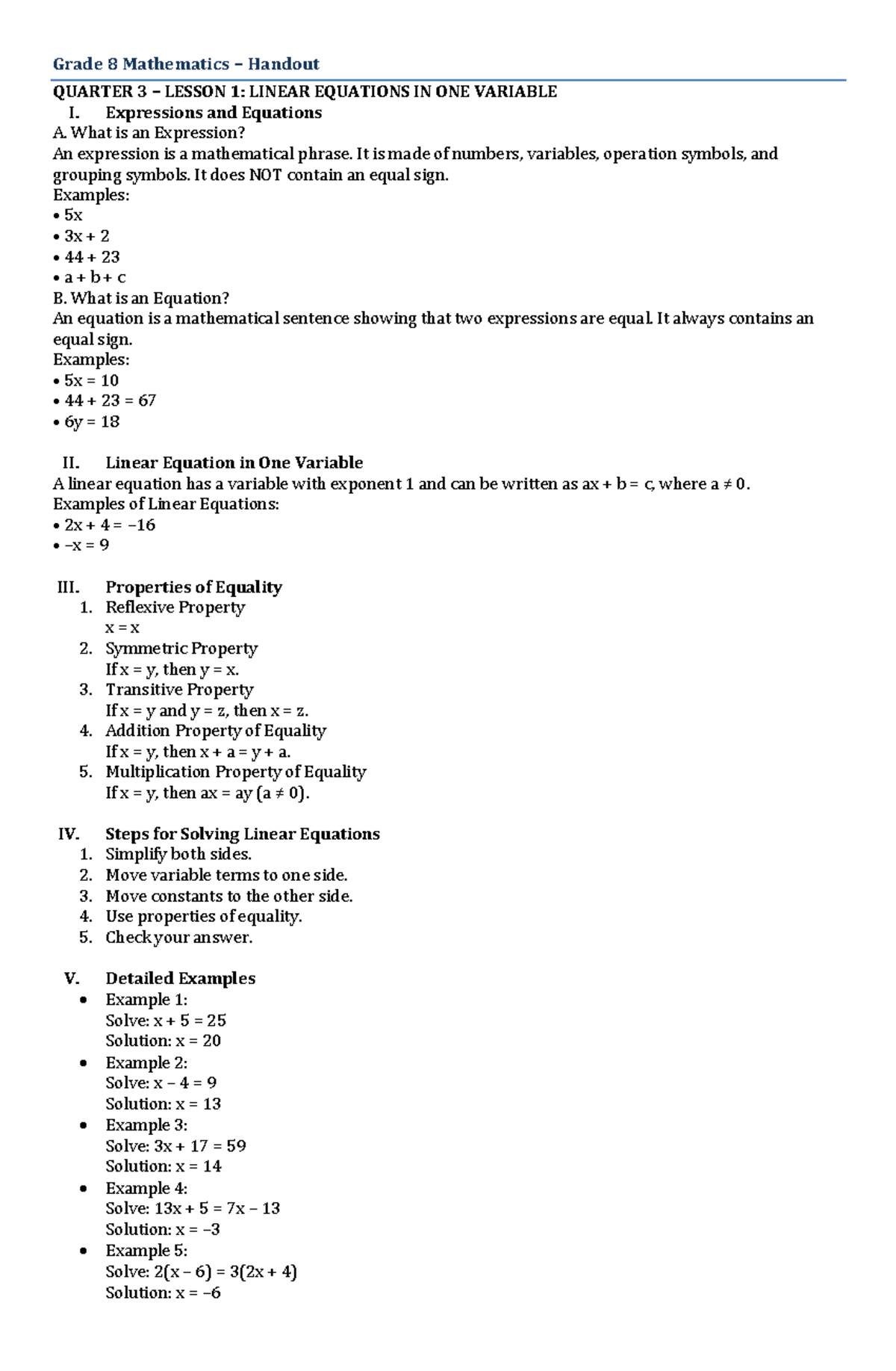 Grade 8 Math Q3 Lesson 1: Linear Equations in One Variable - Studocu