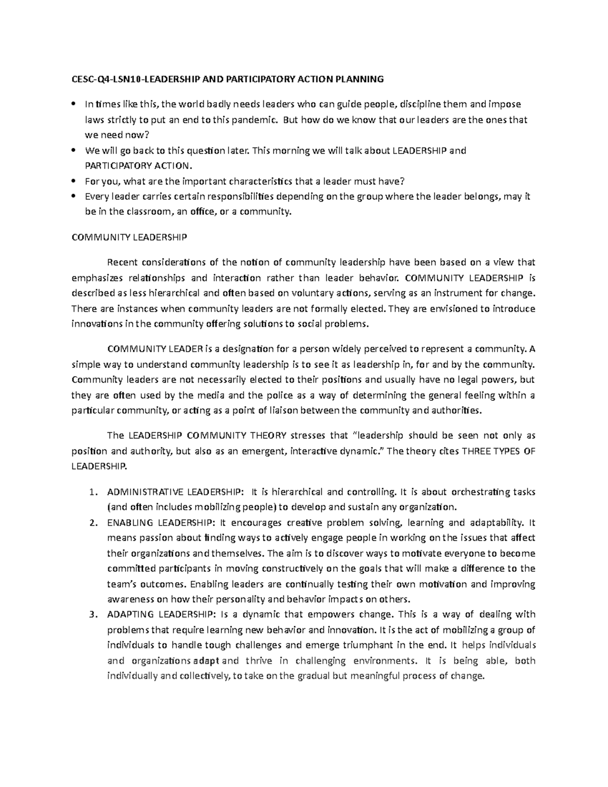 CESC Leadership and Participatory Planning PPT Notes - CESC-Q4-LSN10 ...