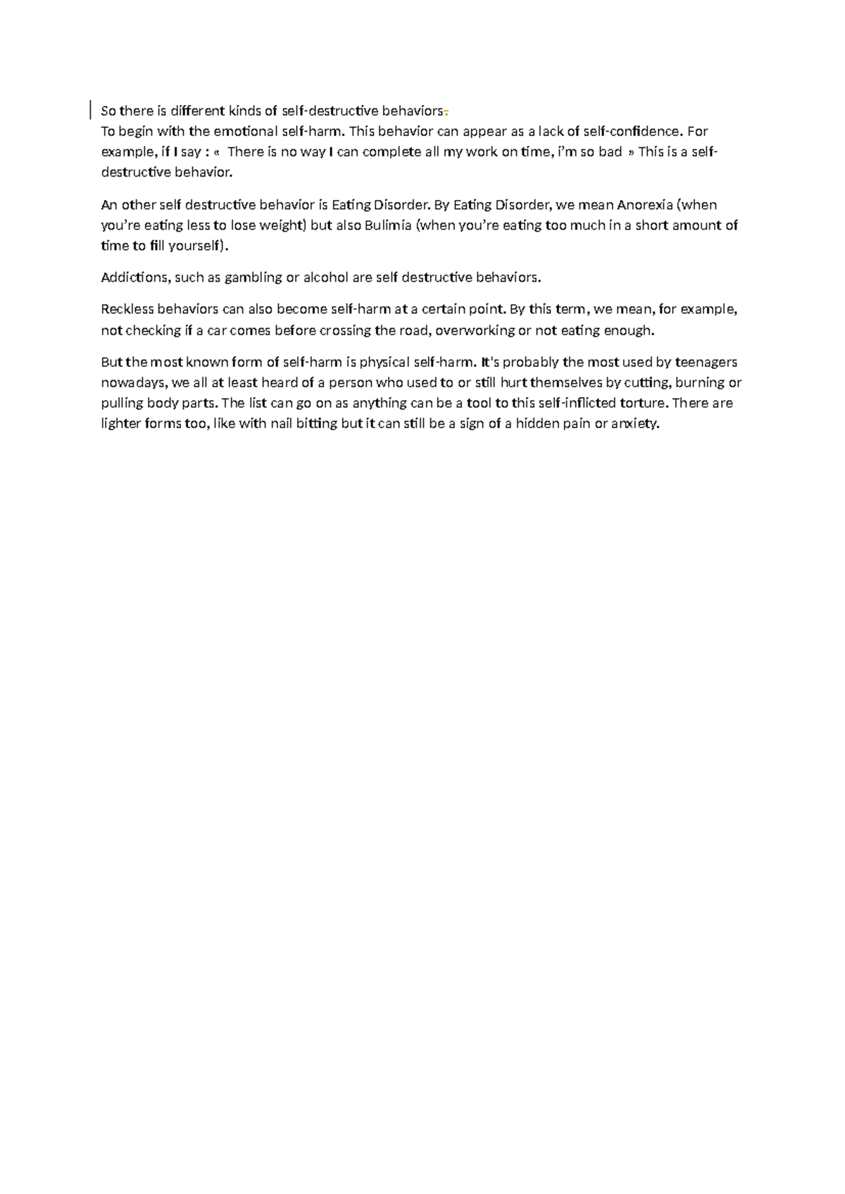 Self-Destructive Behaviors: Types and Examples of Self-Harm - Studocu