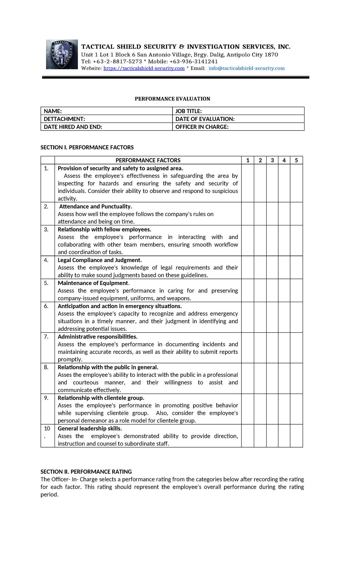 Performance Evaluation Template - Tactical Shield Security - Studocu
