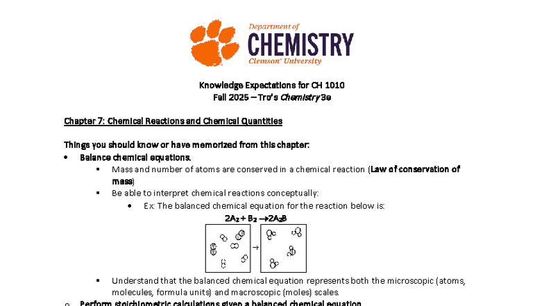 Knowledge Expectations for CH 1010 Fall 2025: Chemical Reactions & Quantities - Studocu