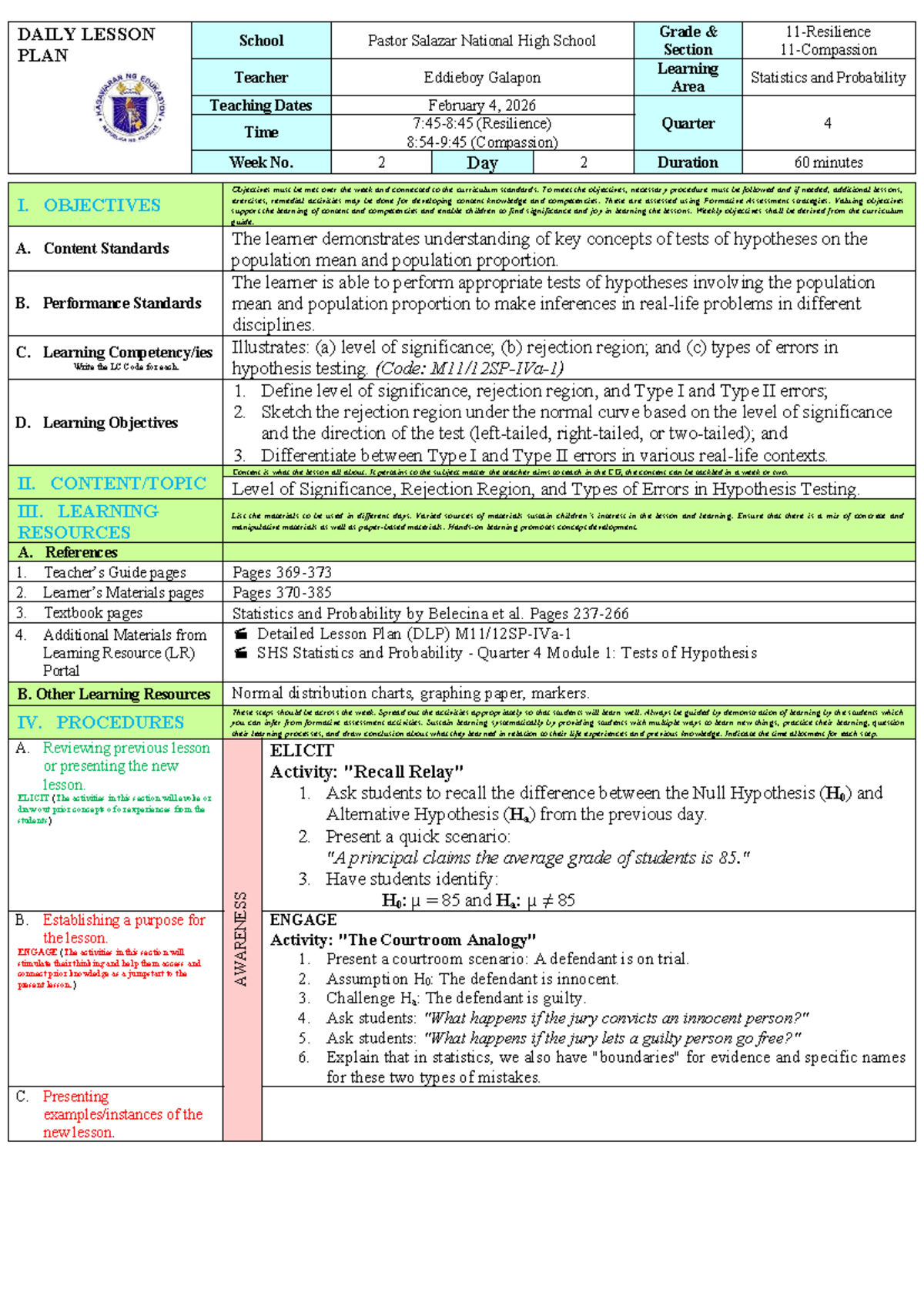 DAILY LESSON PLAN: Statistics & Probability (LP3) - Level of ...