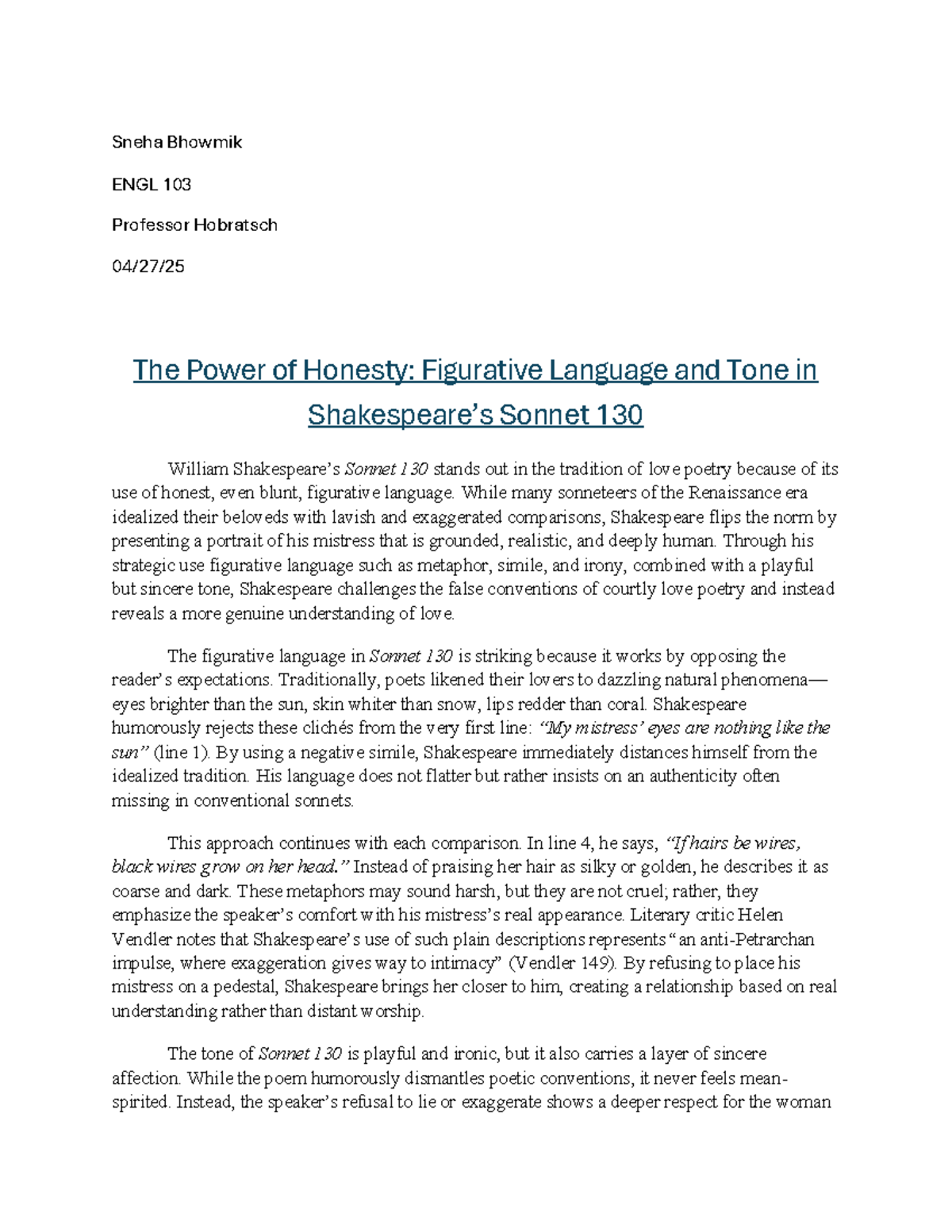 ENGL 103 Assignment #1: Critical Analysis of Shakespeare’s Sonnet 130 ...